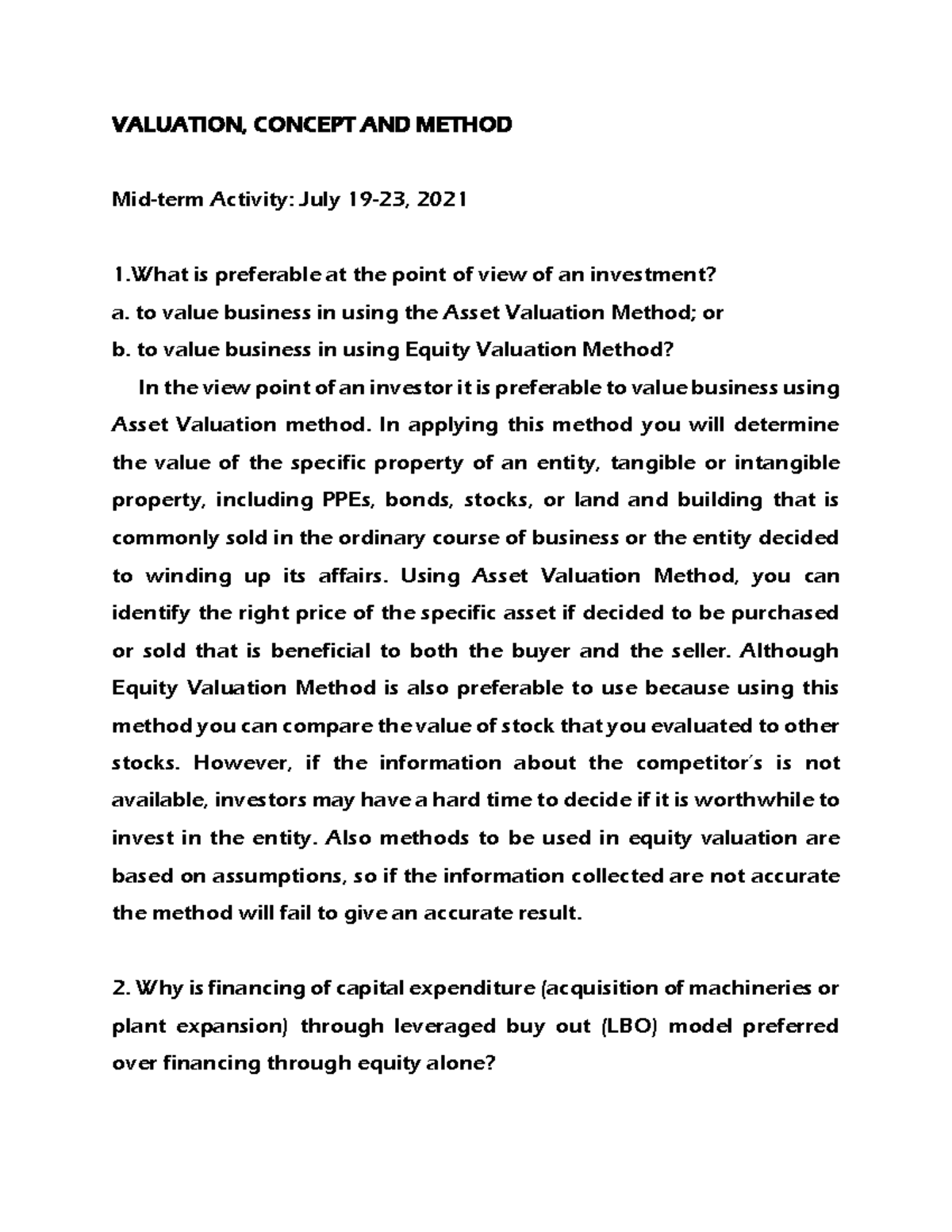 Valuation, Concept, and Method - VALUATION, CONCEPT AND METHOD Mid-term ...