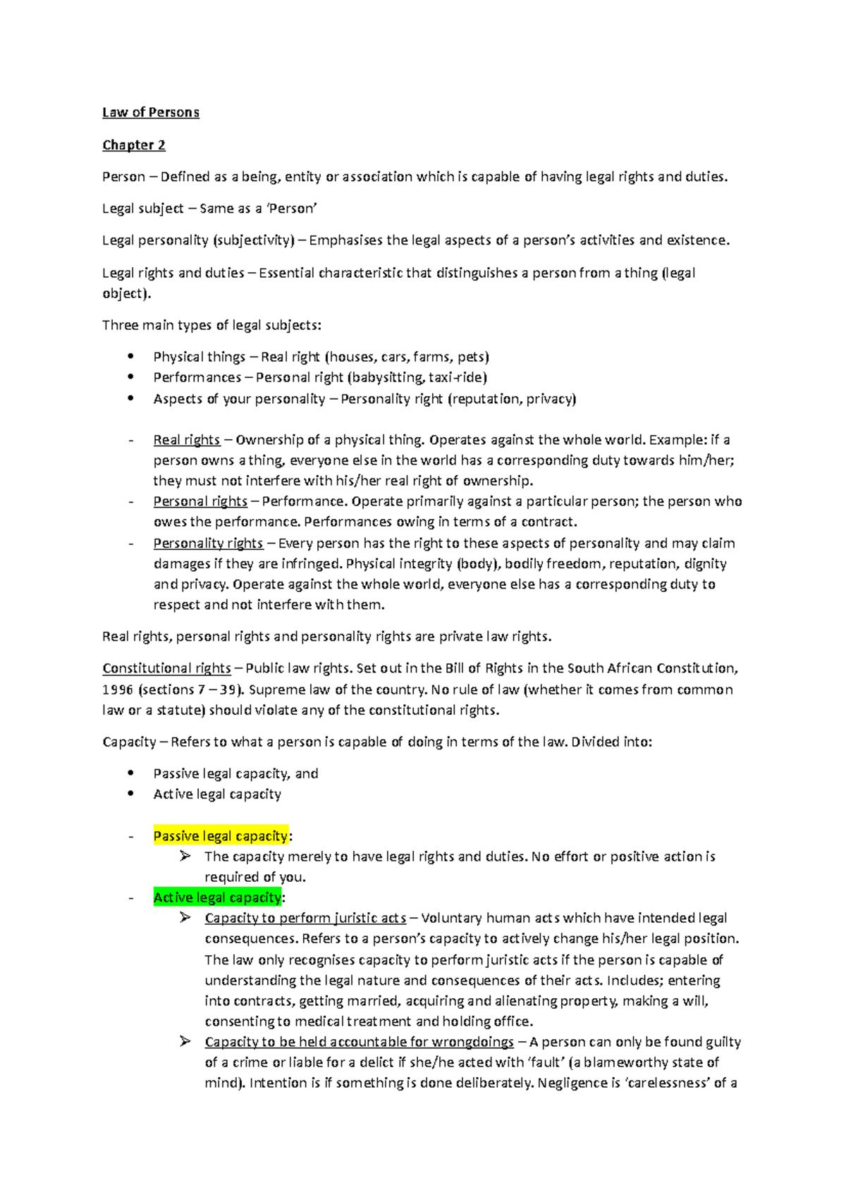 Law of Persons notes - Law of Persons Chapter 2 Person – Defined as a ...