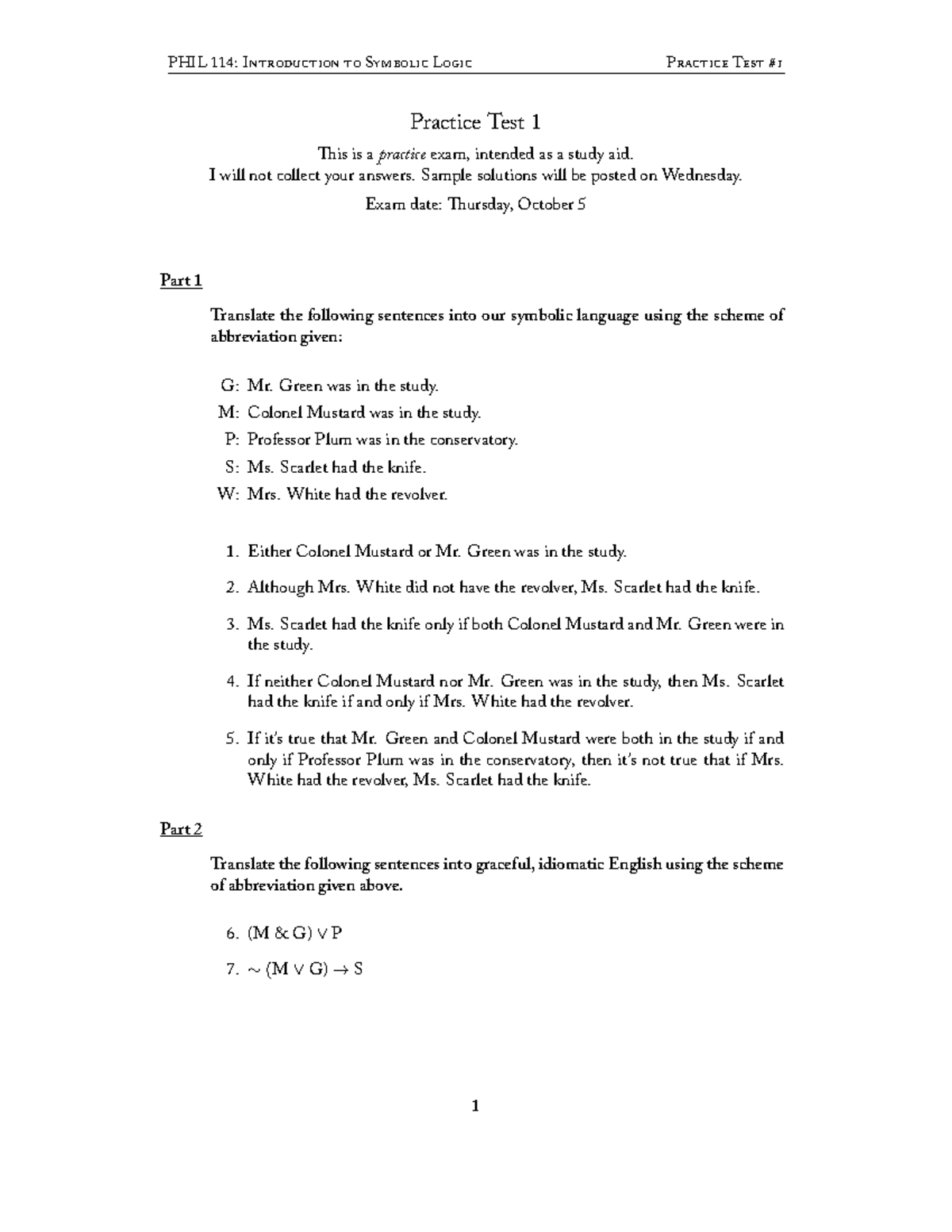 Practice Exam 1 (F23) - PHIL 114: Introduction to Symbolic Logic ...