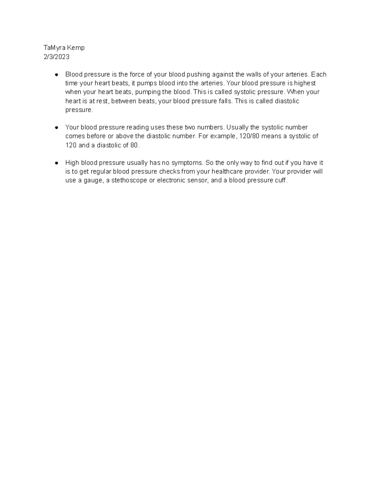 Blood Pressure Notes - Bp - TaMyra Kemp 2/3/ Blood pressure is the ...