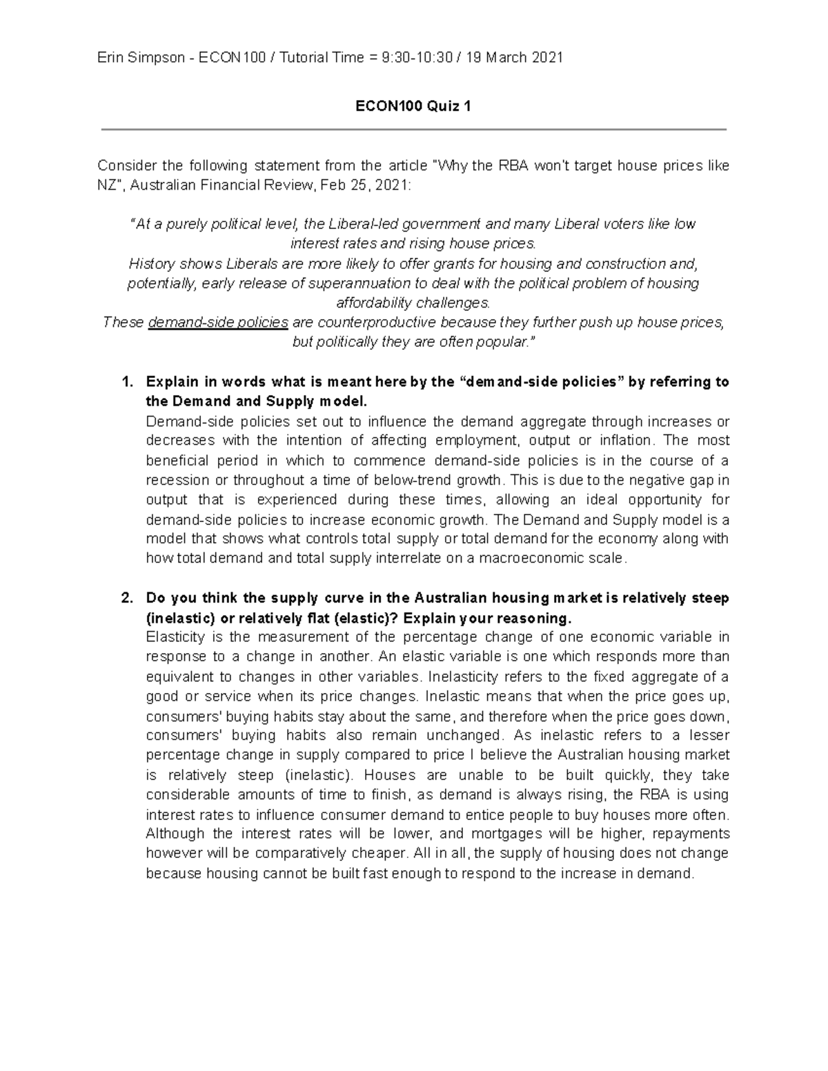 Economic Essentials (ECON100) answers for quiz 1 - Erin Simpson - ECON100 / Tutorial Time ...