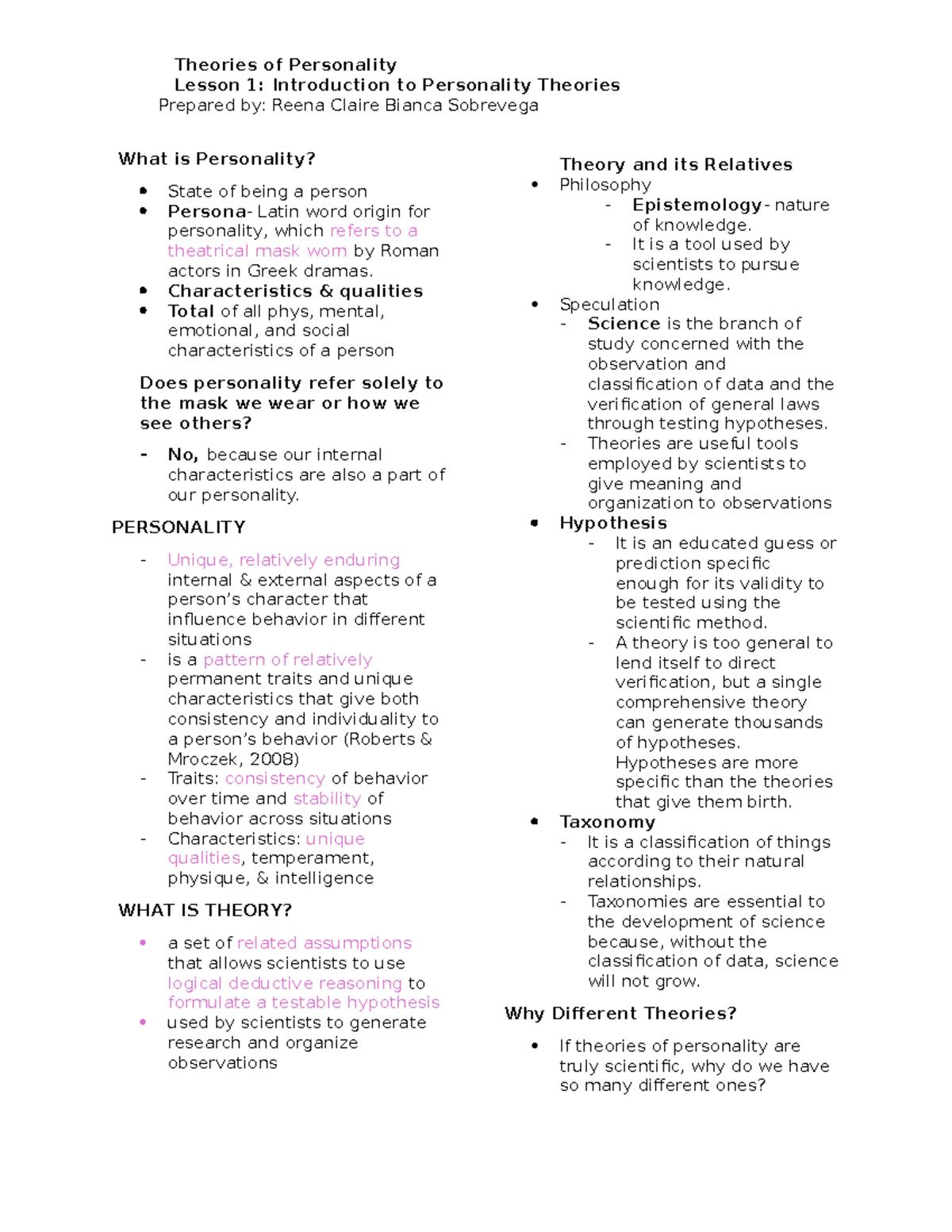 Theory of Personality 1 Reviewer - Theories of Personality Lesson 1 ...