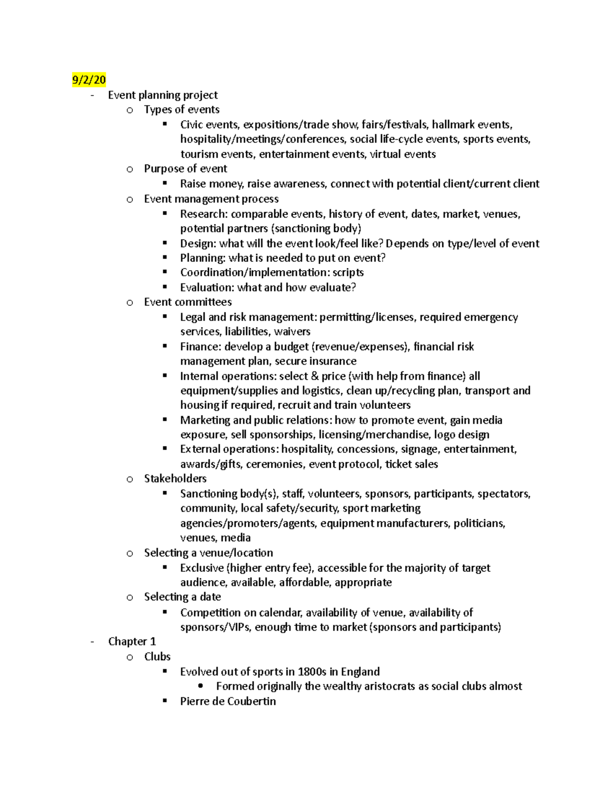 Class Notes - Professor Vogel and Schramm - 9/2/ Event planning project ...
