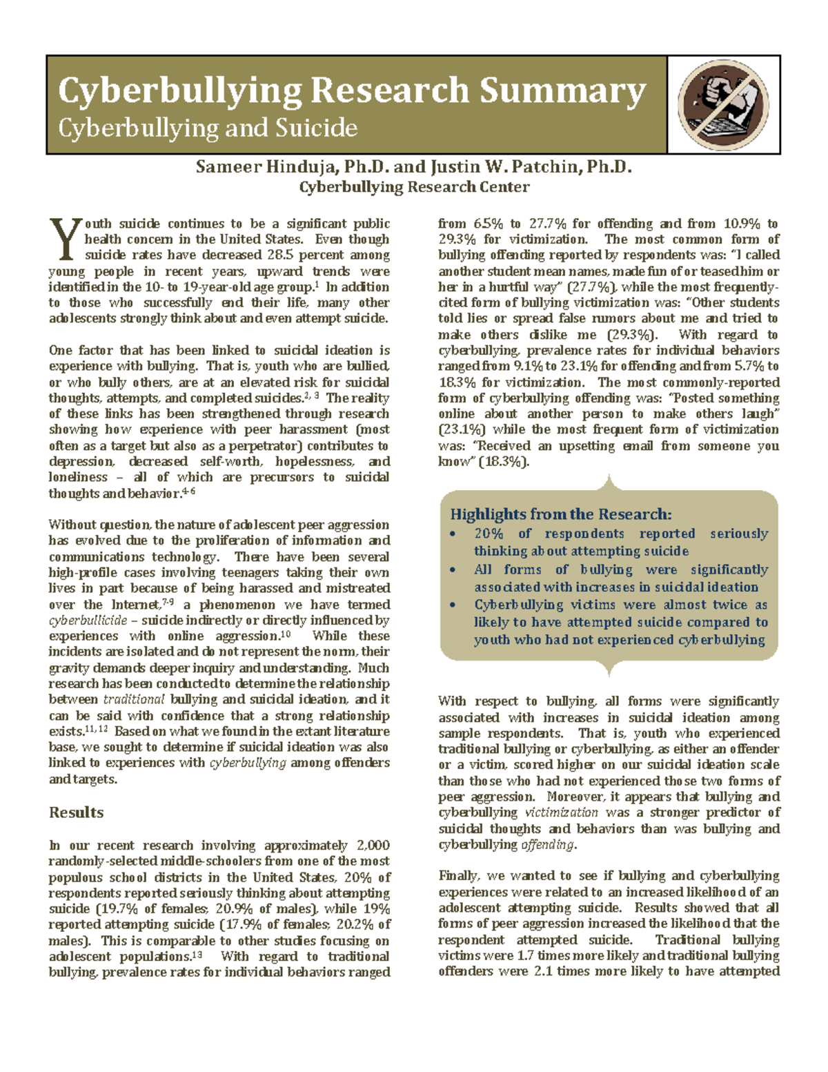 Cyberbullying and suicide research fact sheet - Sameer Hinduja, Ph. and ...
