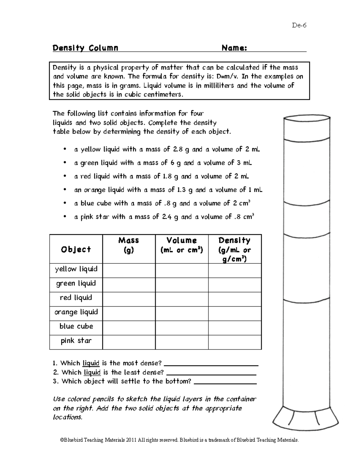 Mary Everett - Density Column Worksheet - De- 6 ©Bluebird Teaching ...