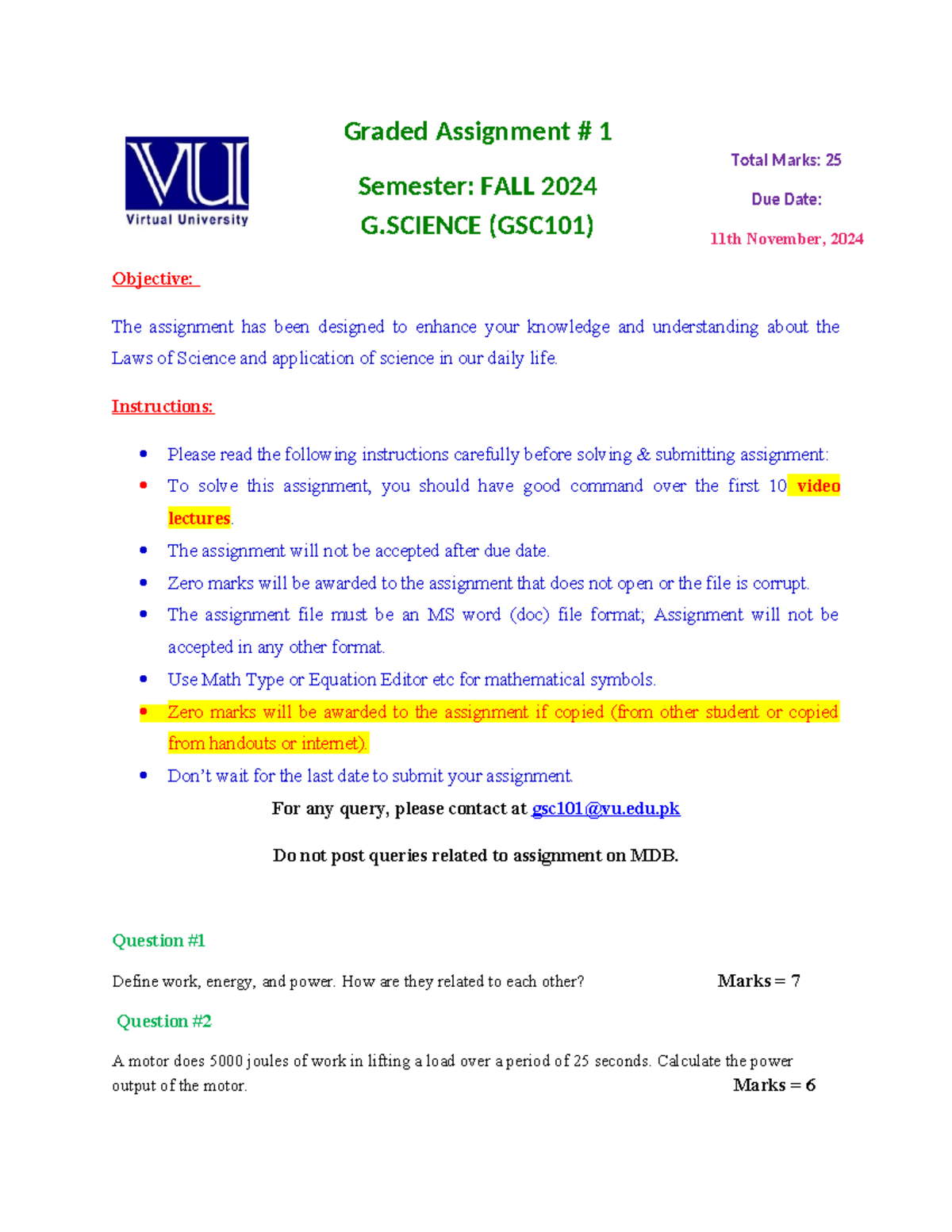 Fall 2024 GSC101 1 - General Science Assignments - Graded Assignment # 1 Semester: FALL 2024 G ...