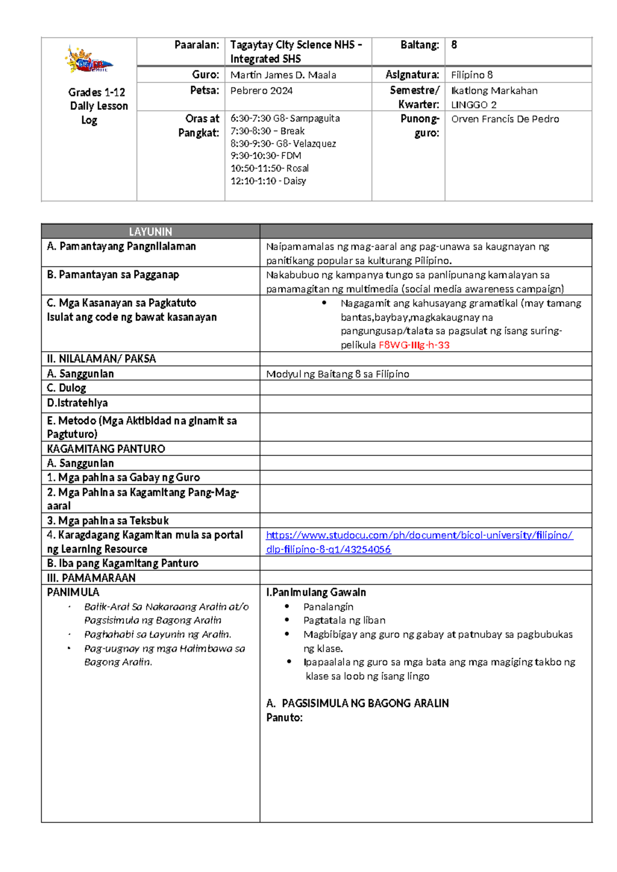 Catch-UP Friday Wika-at-Gramatika - Grades 1- Daily Lesson Log Paaralan ...