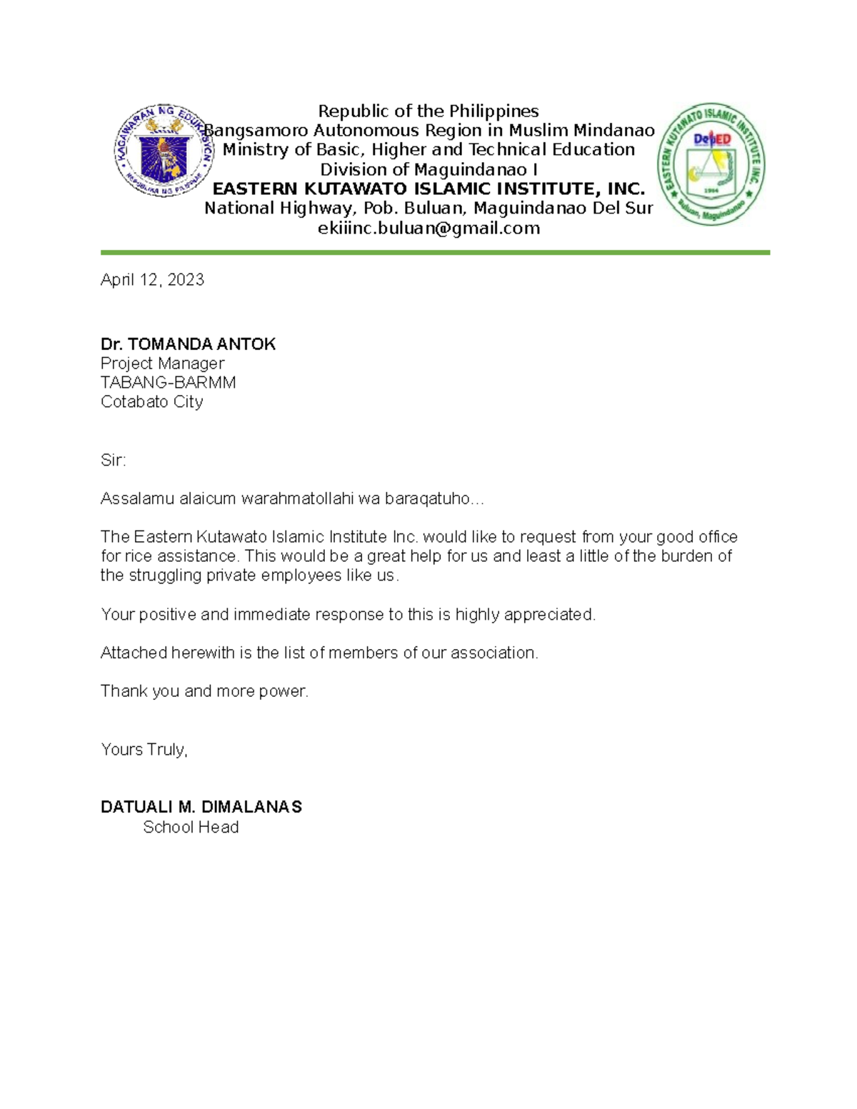 Letter for rice assistance - Republic of the Philippines Bangsamoro ...