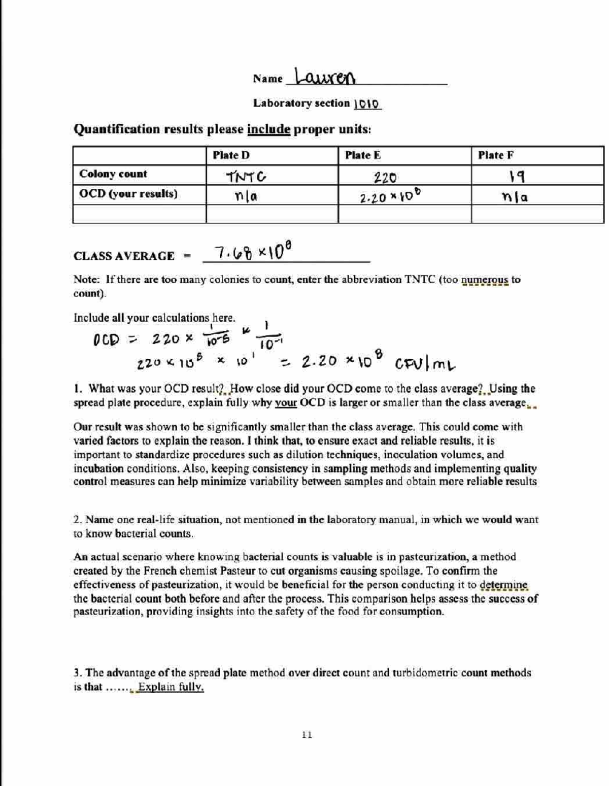Quantification Lab assignment - Name Lauren Laboratory section 1010 Quantification results ...