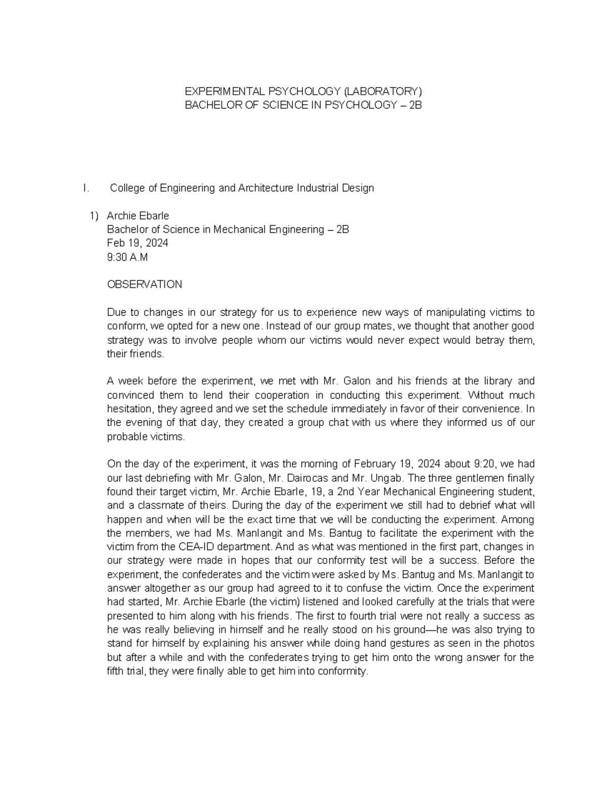 Experimental Psychology Asch Conformity Test - EXPERIMENTAL PSYCHOLOGY ...