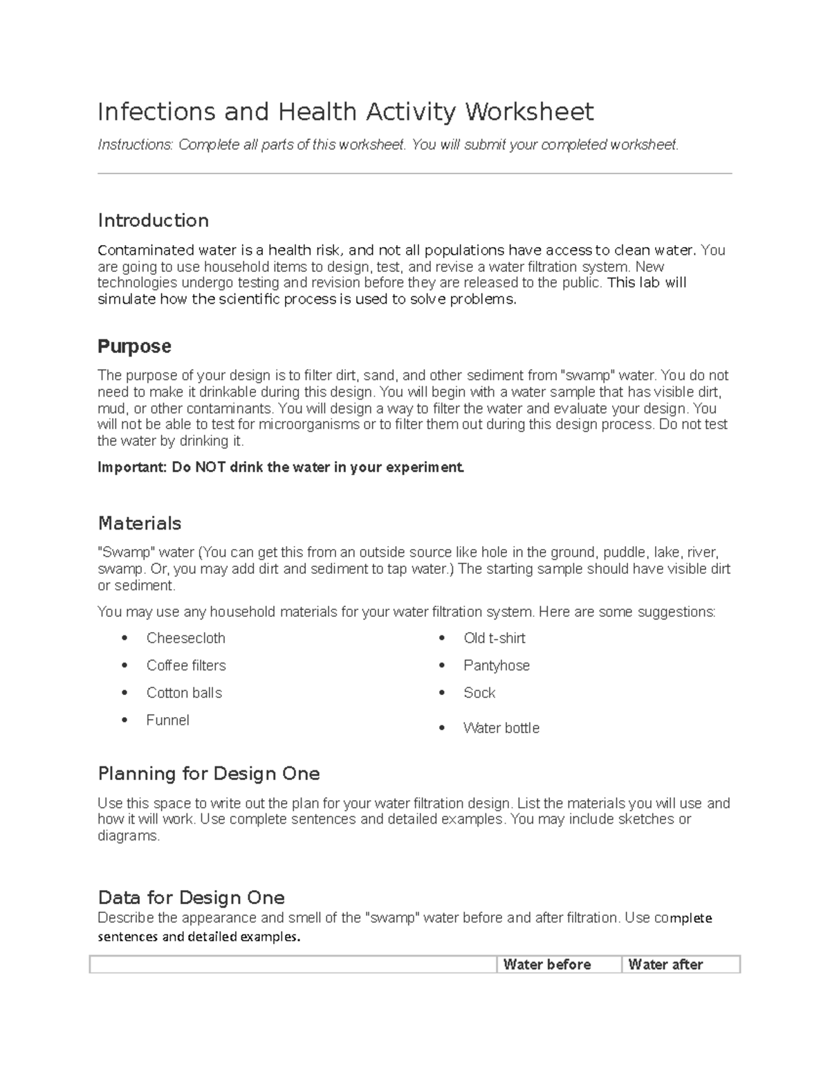 Activity worksheet - yea - Infections and Health Activity Worksheet ...