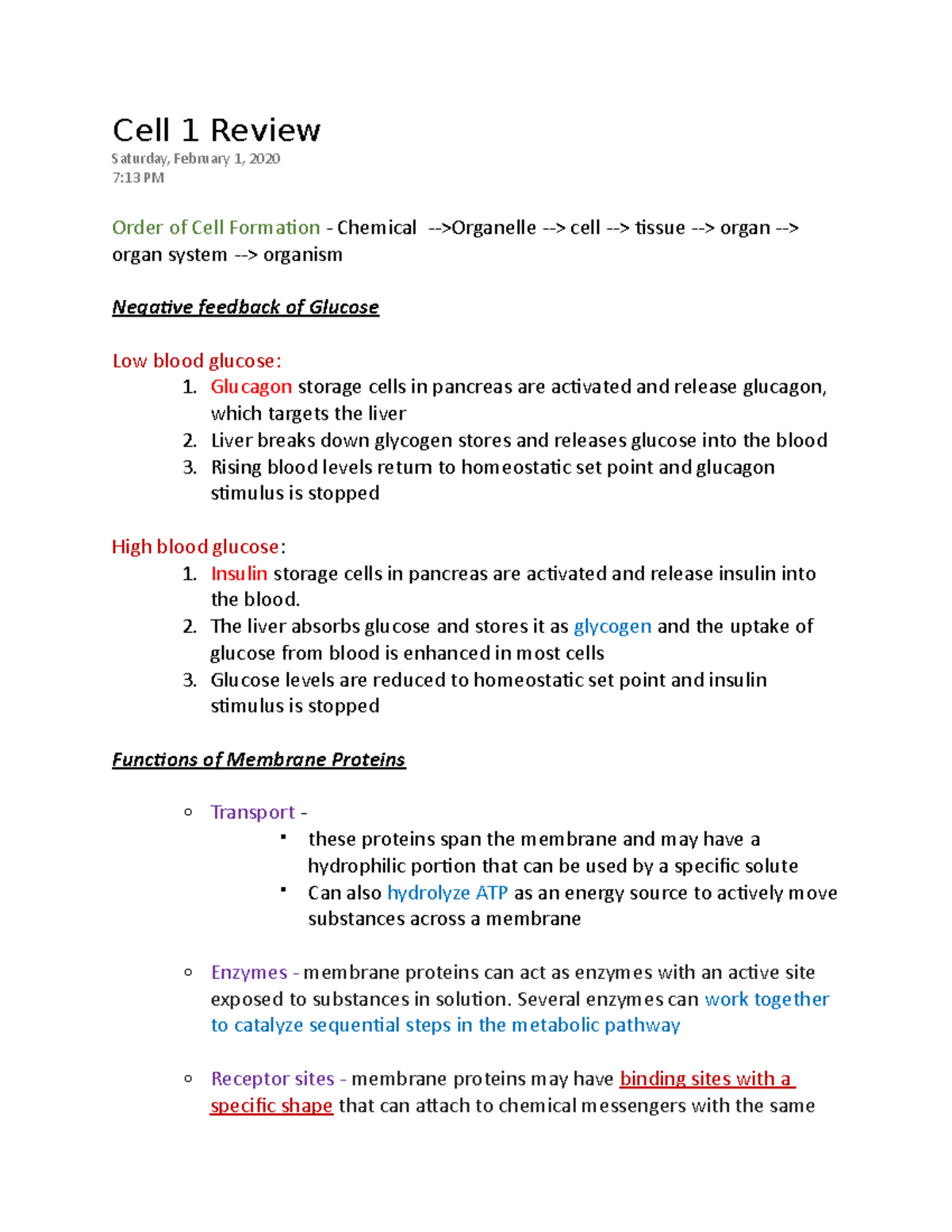 Cell Review - Cell 1 Review Saturday, February 1, 2020 7:13 PM Order of ...