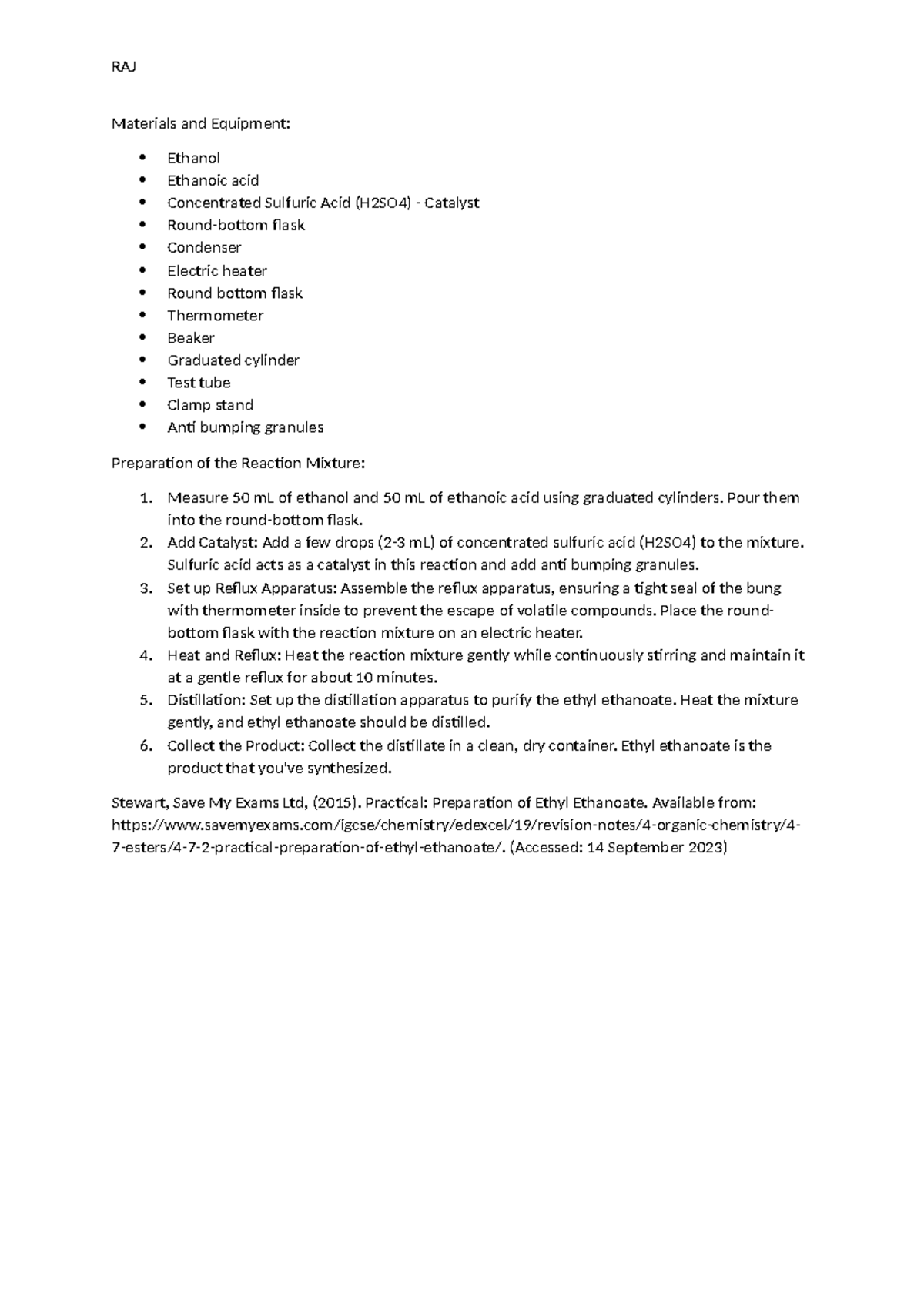 Method required practical esters - RAJ Materials and Equipment: Ethanol ...