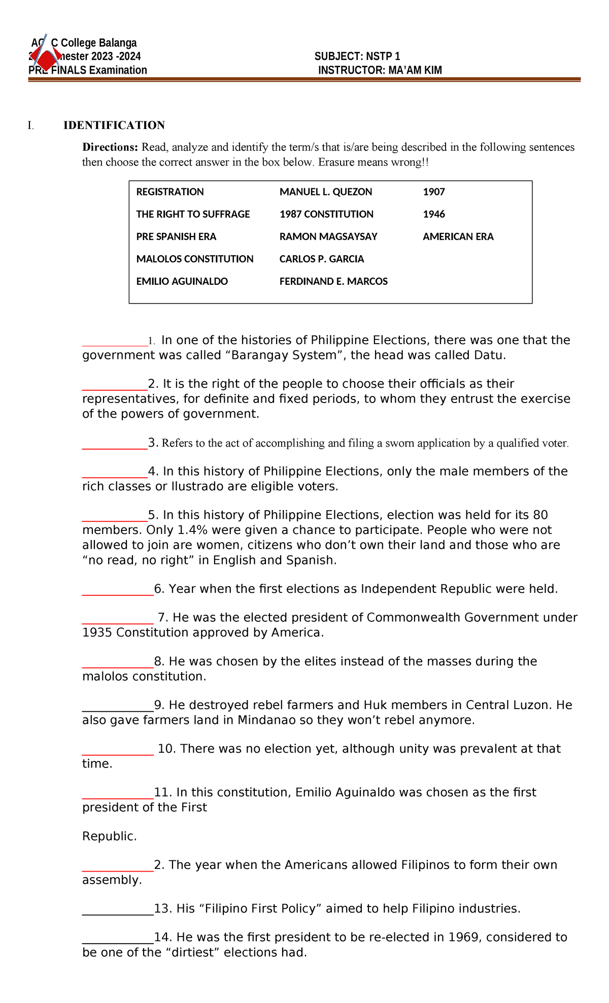 Nstp 1 Pre Finals Aclc College Balanga 2 Nd Semester 2023 2024 Subject Nstp 1 Pre Finals