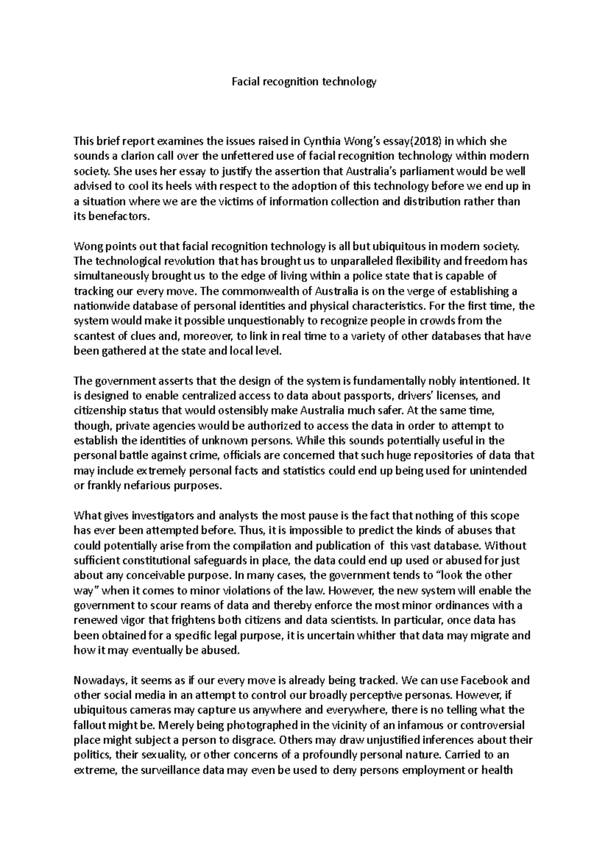Facial recognition technology - She uses her essay to justify the ...
