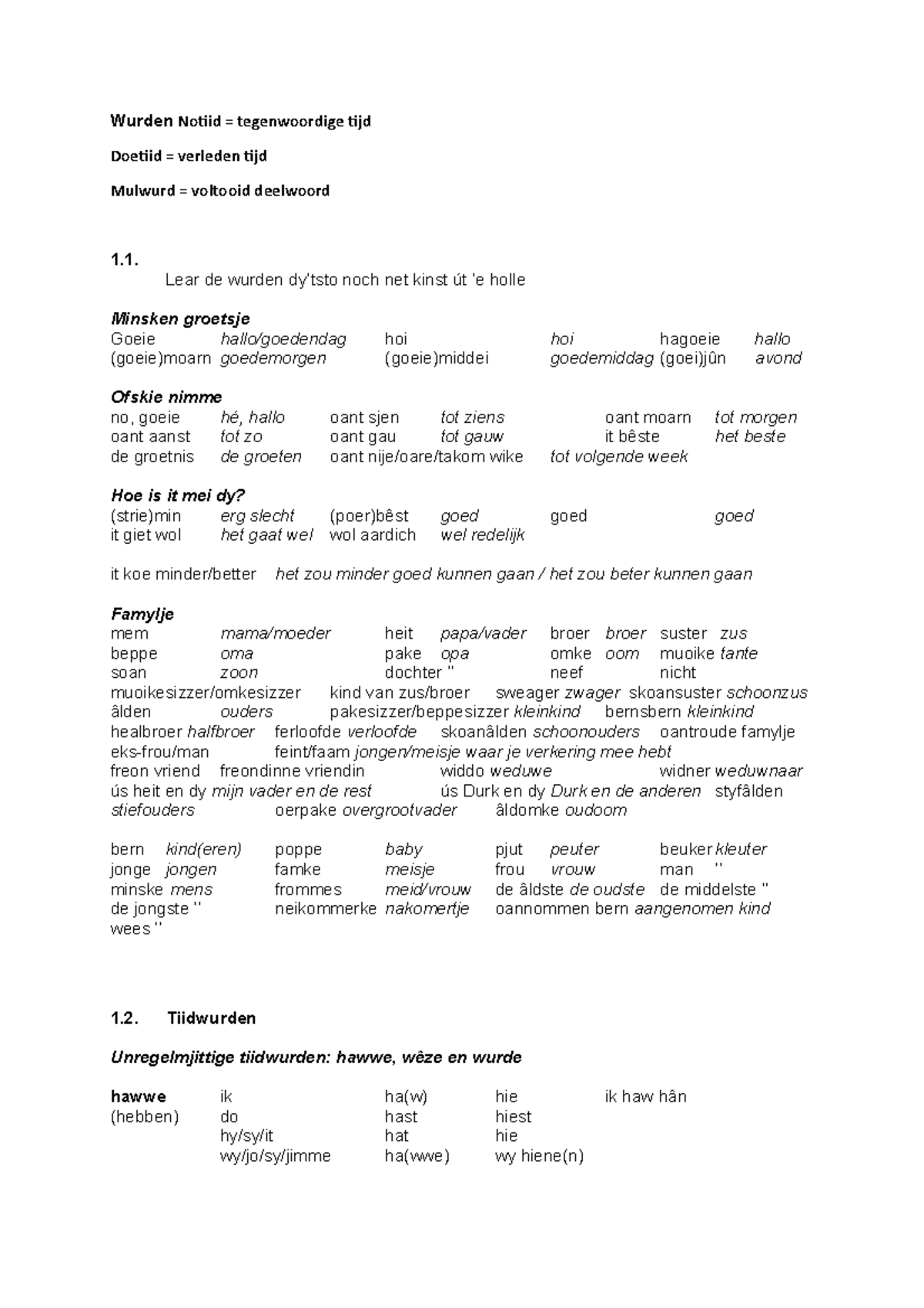 Fries leerstof - Wurden Notiid = tegenwoordige tijd Doetiid = verleden ...