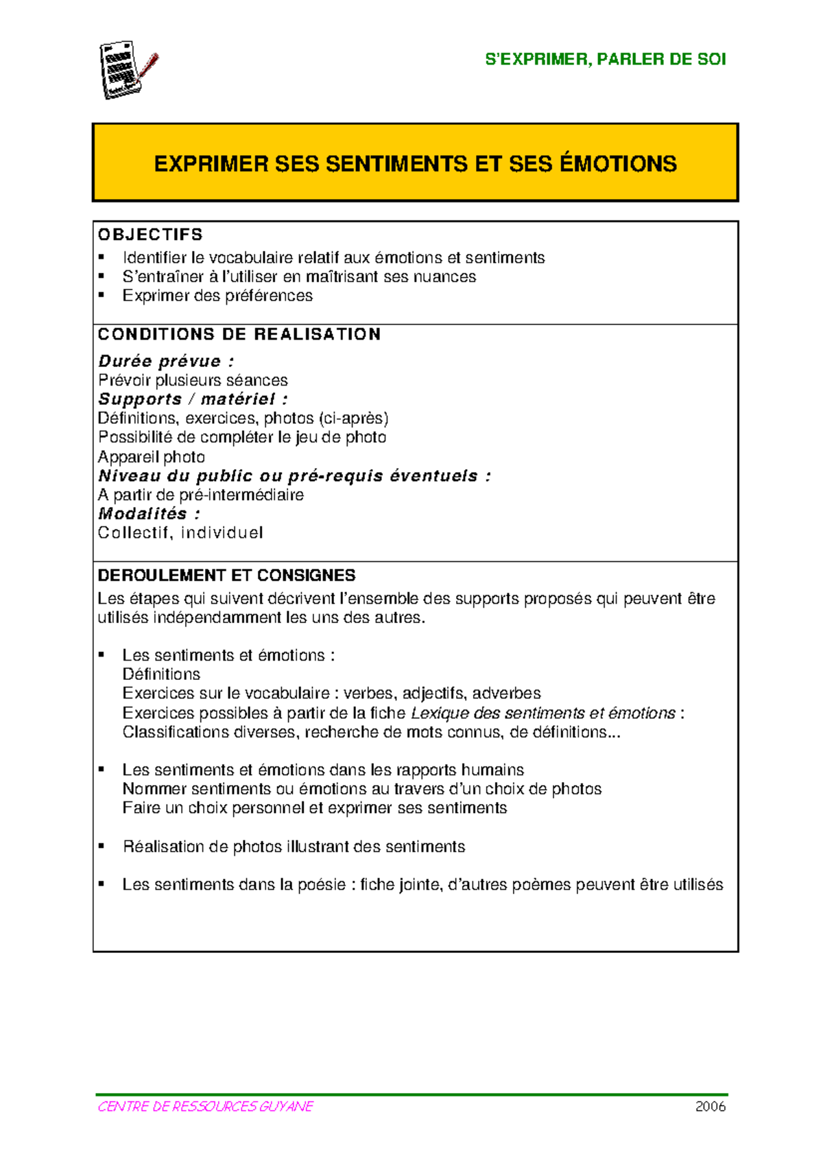 français bbbbb00 - EXPRIMER SES SENTIMENTS ET SES ÉMOTIONS OBJECTIFS ...