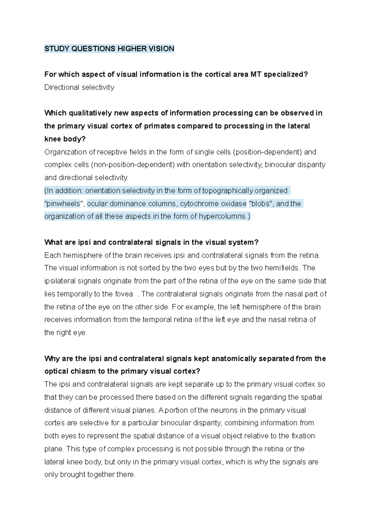 Study questions - Higher Vision - STUDY QUESTIONS HIGHER VISION For ...