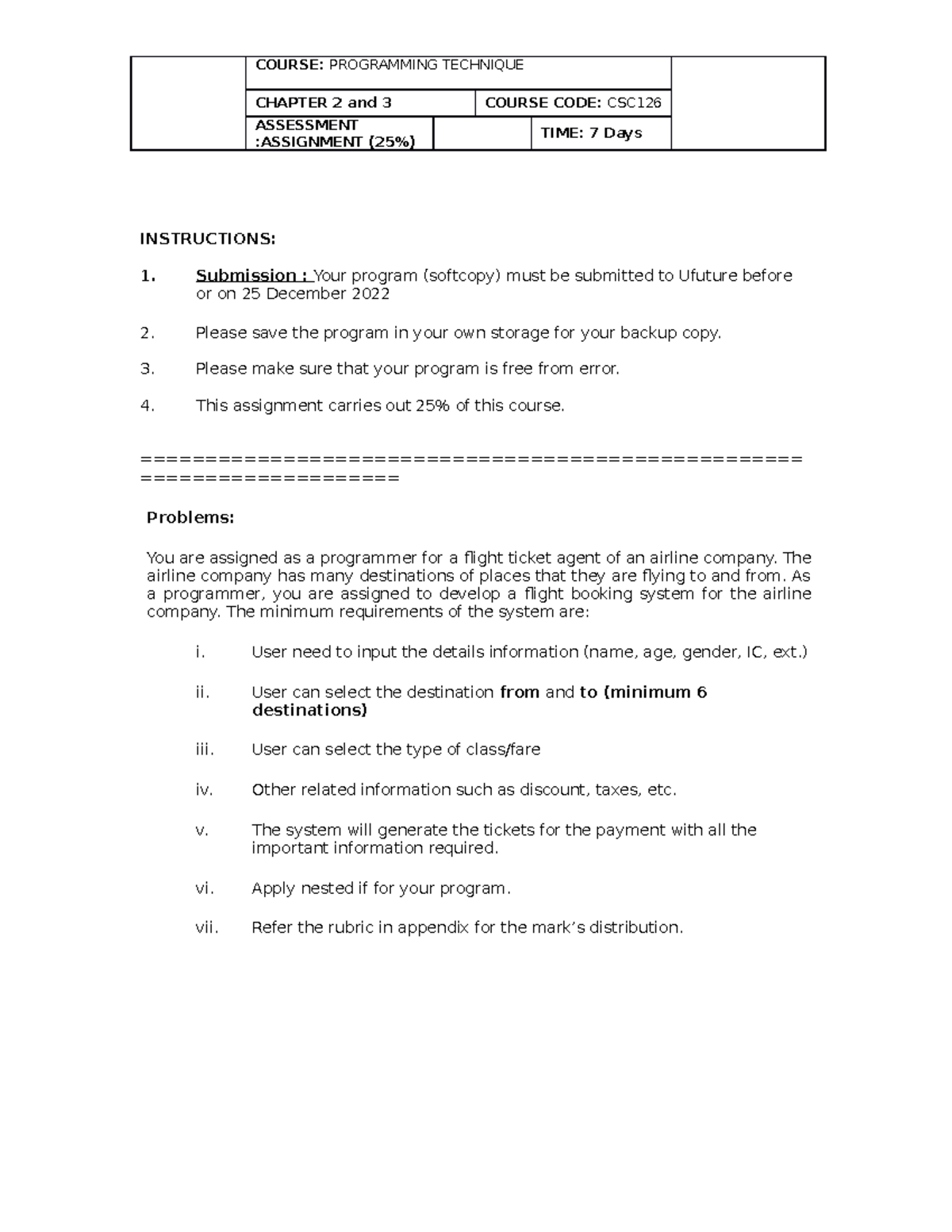 Csc126 Practical Test Example Course Programming Technique Chapter 2 And 3 Course Code Csc 3385