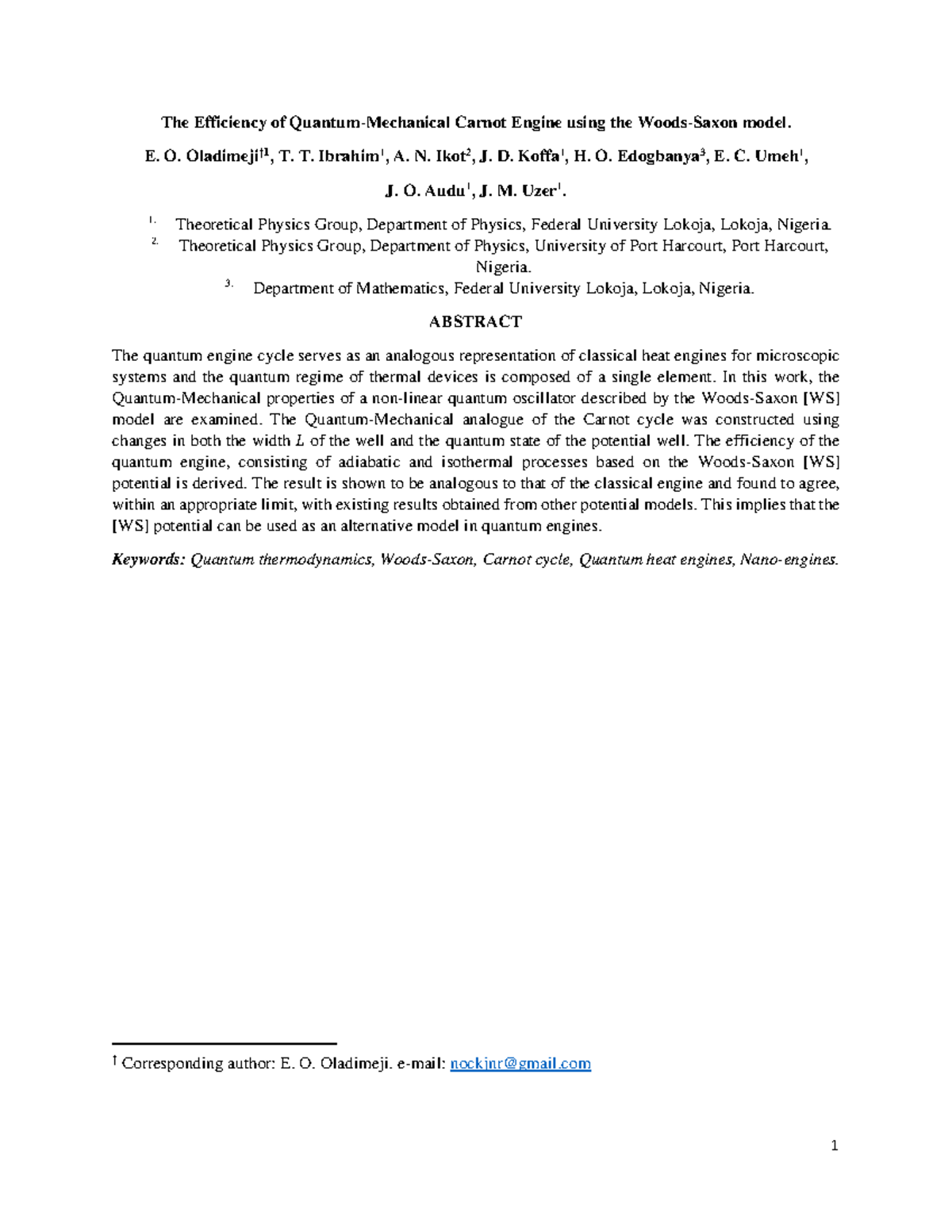 The efficiency of Quantum Mechanical Carnot Engine using the Woods ...