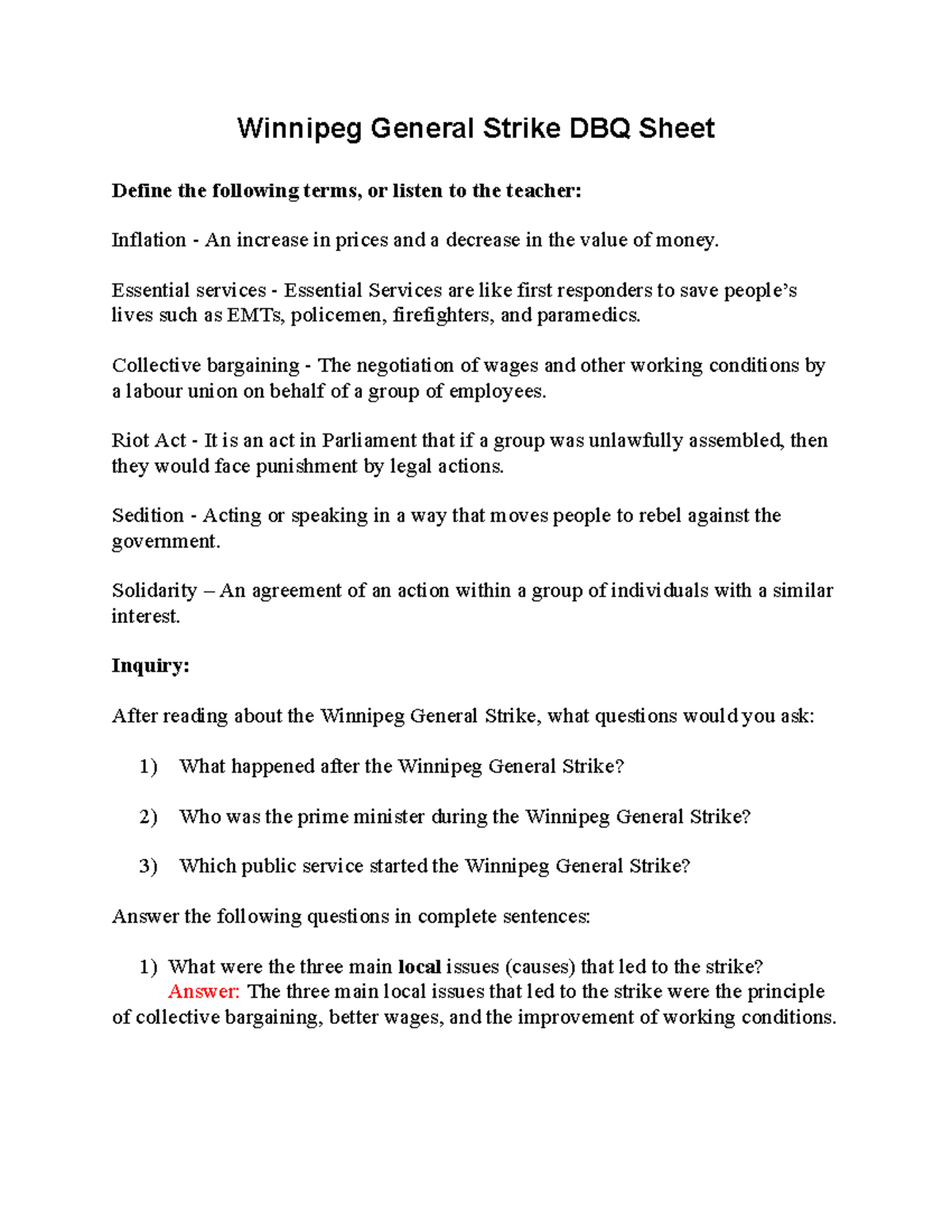 History Winnipeg General Strike DBQ Sheet - Winnipeg General Strike DBQ ...