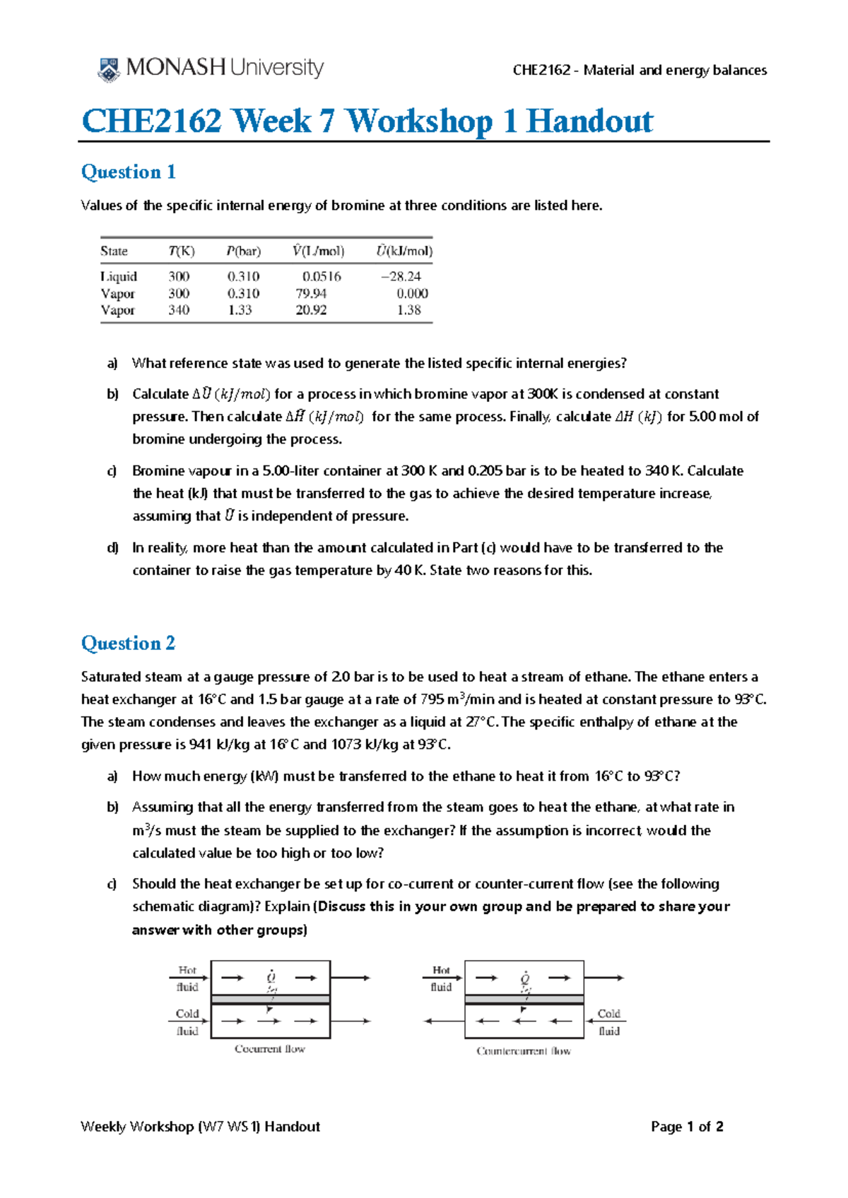 CHE2162 W7 WS1 Handout - Week 7 - Workshop 2 - CHE2162 - Material and energy balances Weekly ...