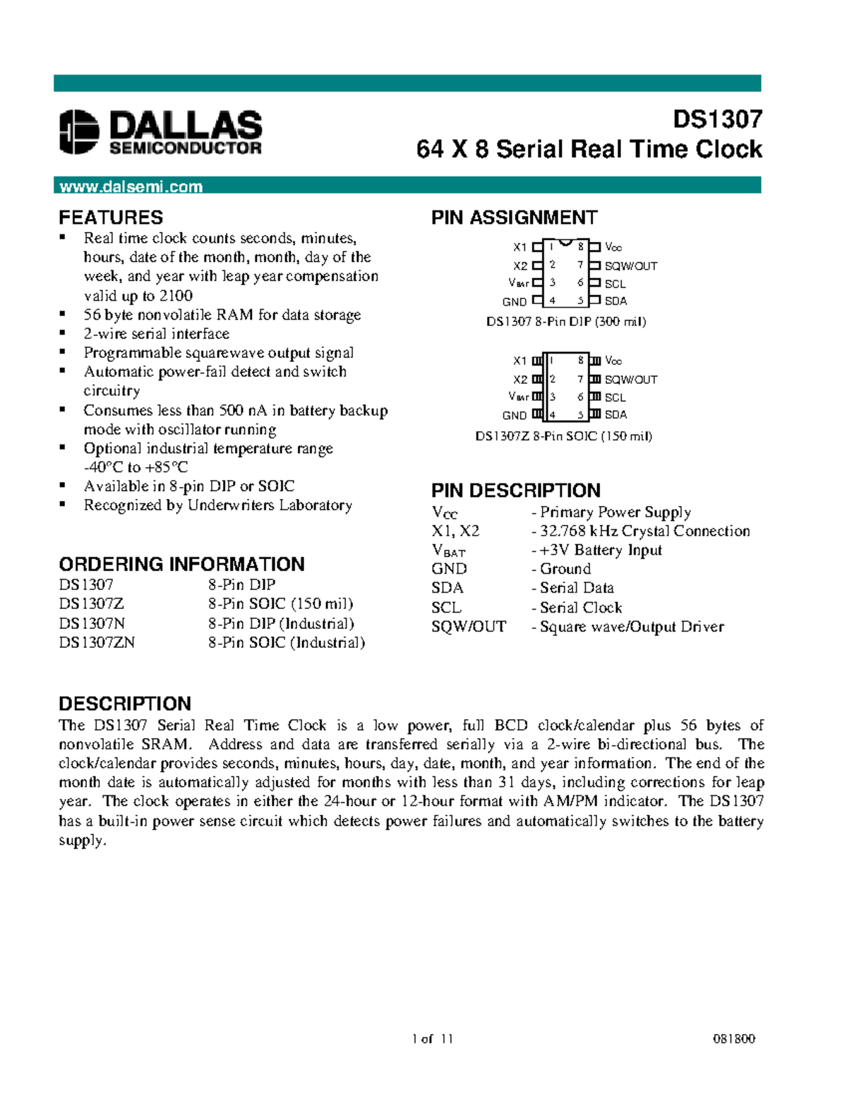 DS1307 - cơ bản - FEATURES Real time clock counts seconds, minutes ...