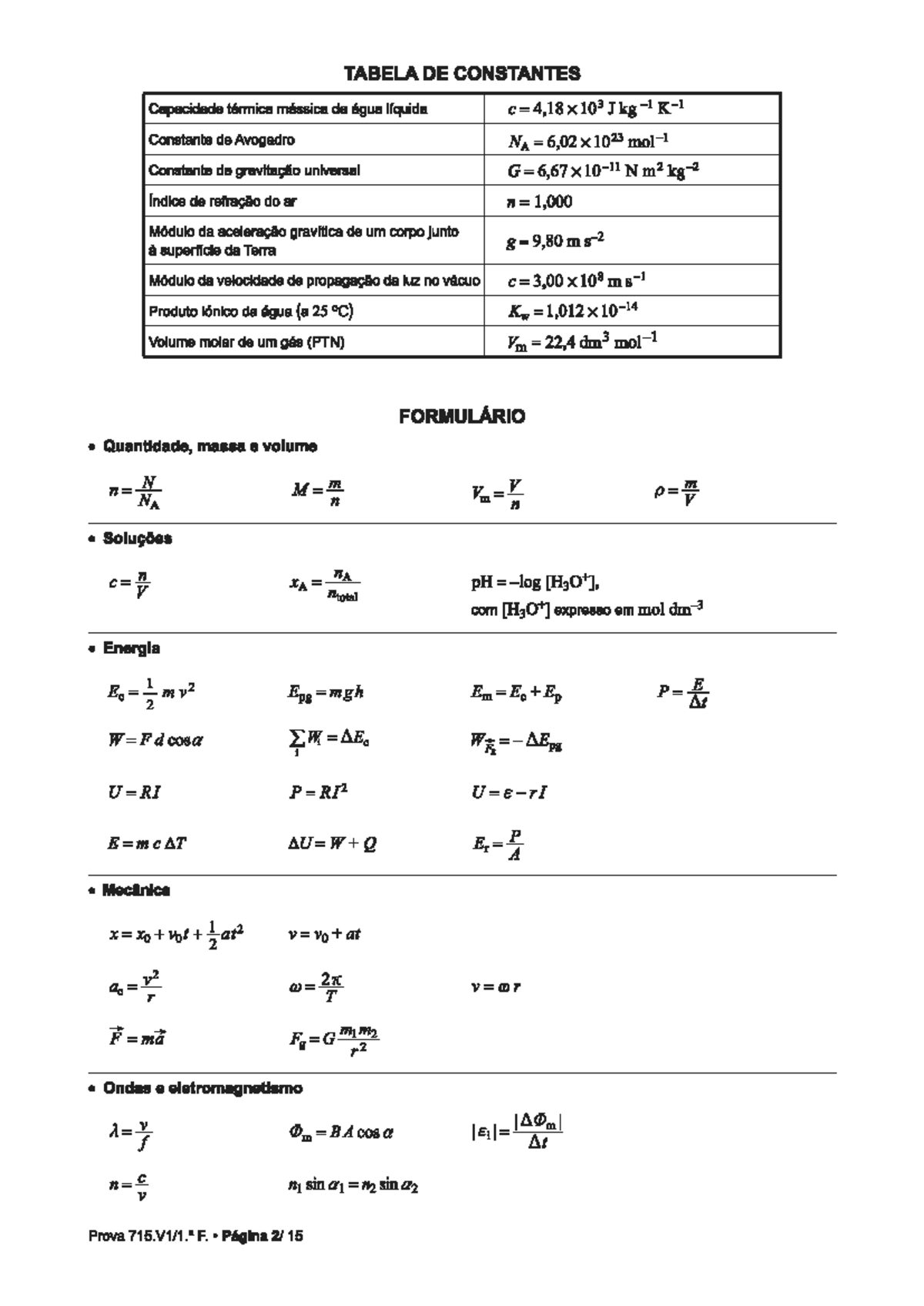 Formulario exame FQ IAVE - TABELA DE CONSTANTES Capacidade térmica ...