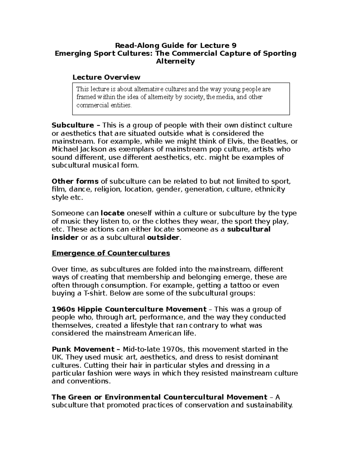 Topic 9 - Read-Along Guide for Lecture 9 Emerging Sport Cultures: The ...