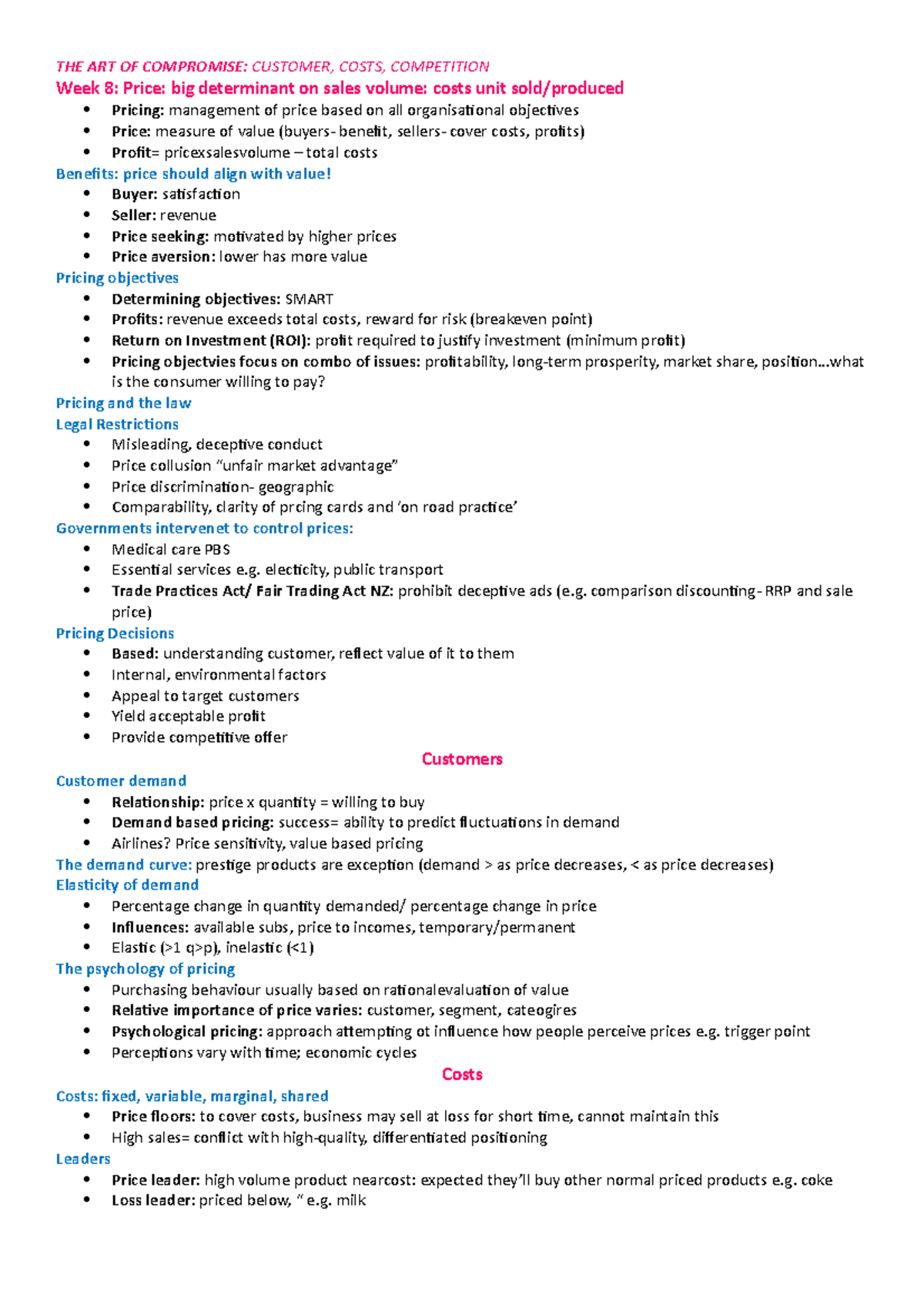 Price - Summary of pricing - THE ART OF COMPROMISE: CUSTOMER, COSTS ...