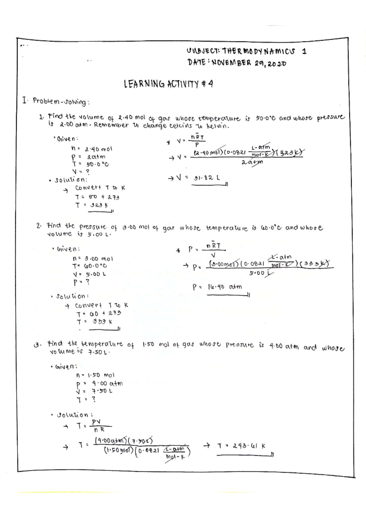 Thermo 1 LA#4 - Problem Solving - Mechanical Engineering - NVSU - Studocu