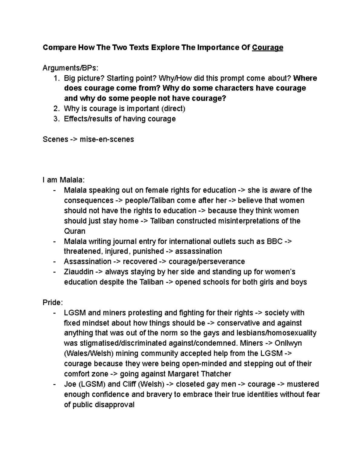 Malala and Pride Courage brainstorm - Compare How The Two Texts Explore ...