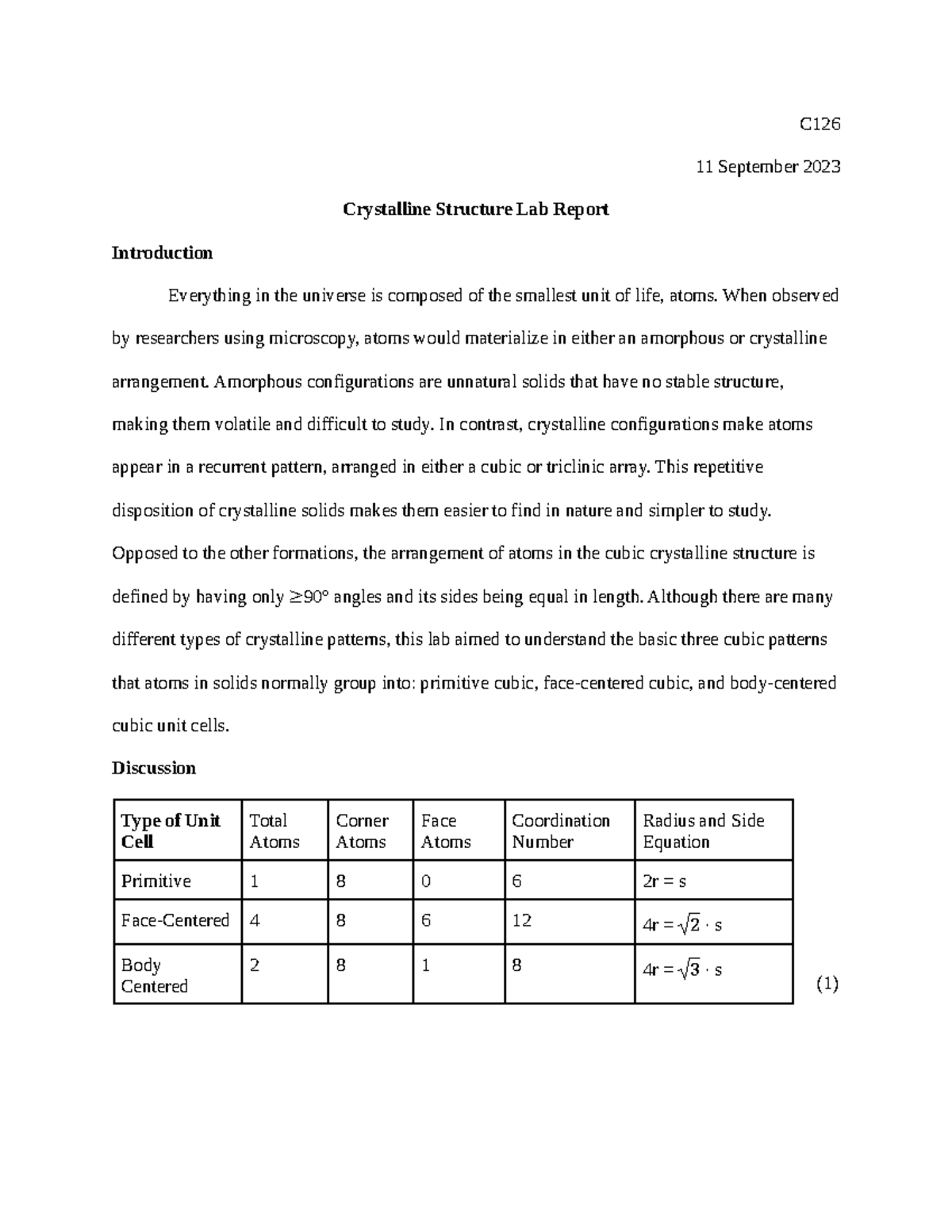 Crystalline Structures Lab Report - Google Docs - C 11 September 2023 ...