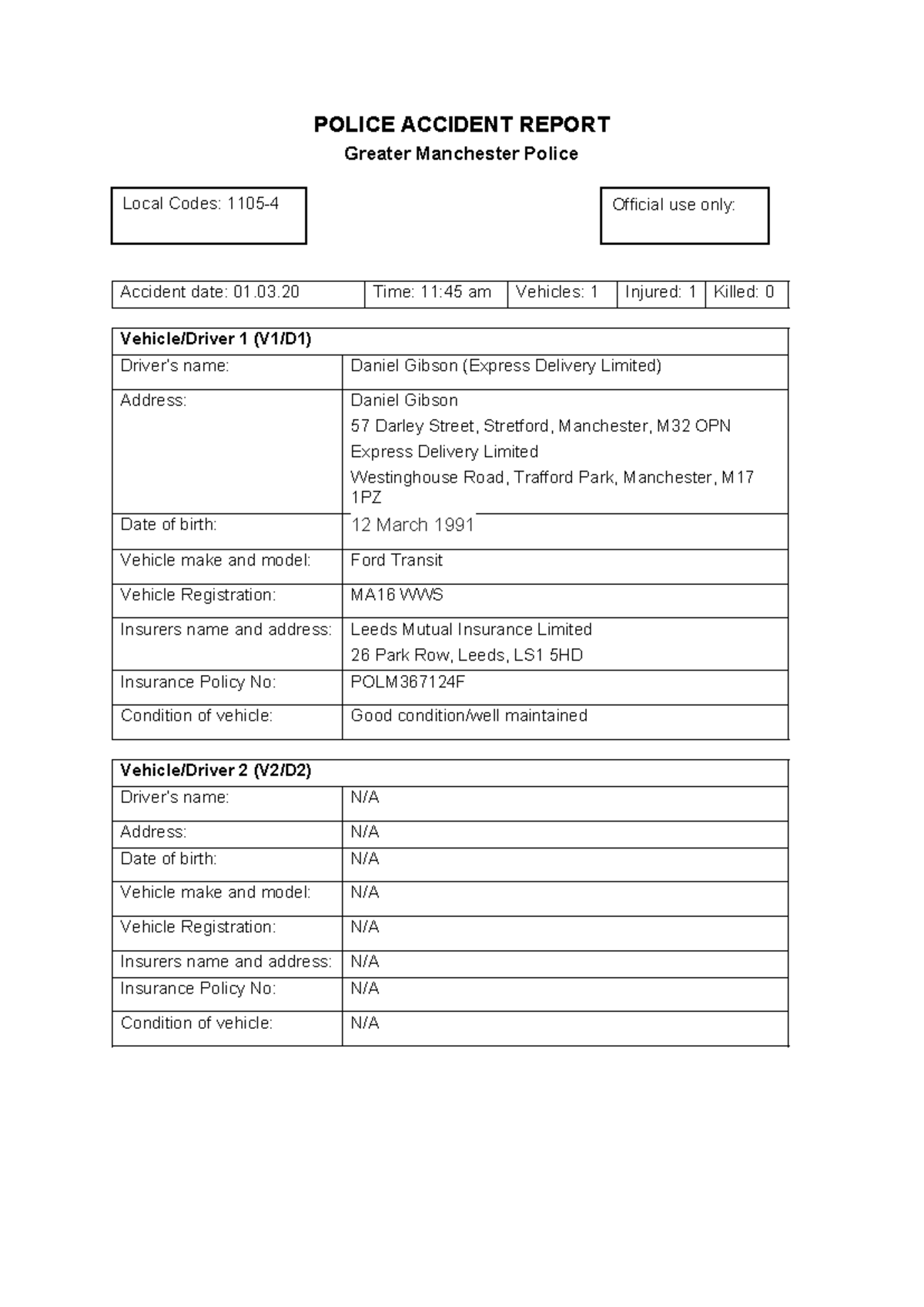 Police Accident Report copy - Local Codes: 1105-4 Official use only ...