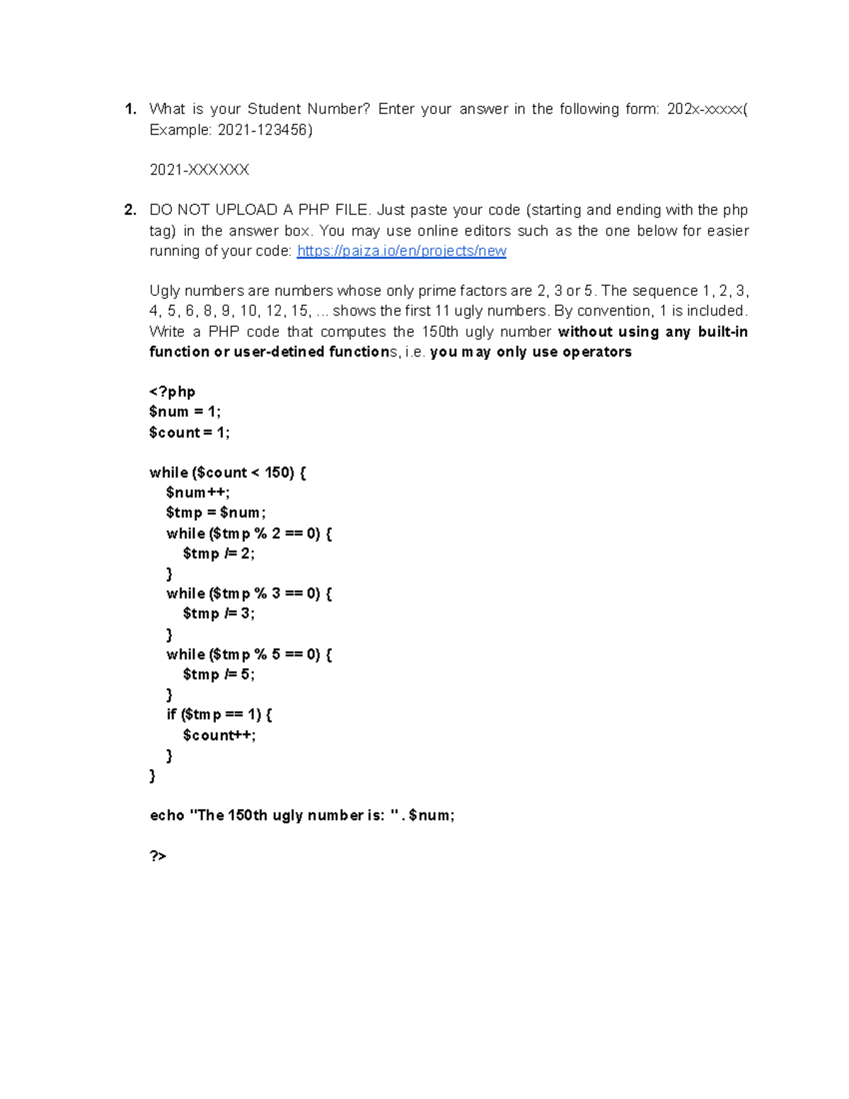 Php exercise with answers - What is your Student Number? Enter your ...