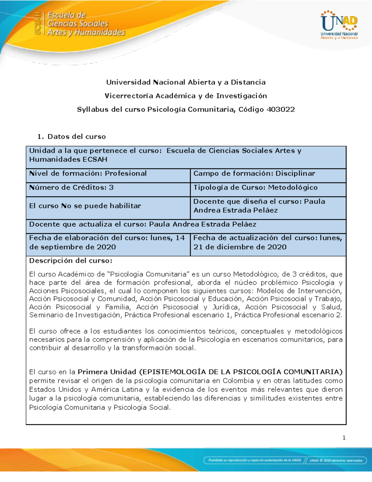 Syllabus del curso Psicología Comunitaria - Universidad Nacional ...