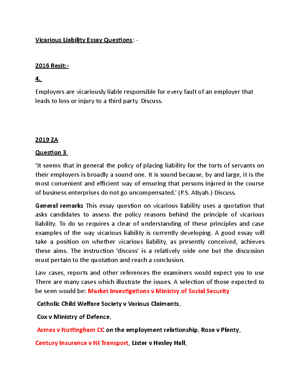 Prevoius Year Vicarious Liability Essay Questions - Vicarious Liability ...