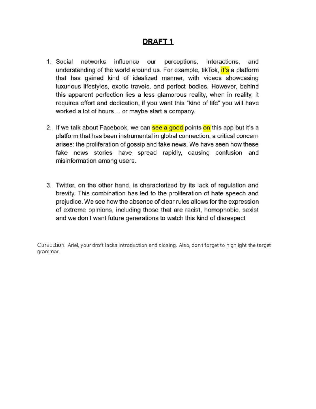 Portfolio A4 - Portafolio - DRAFT 1 Corecction: Ariel, your draft lacks ...