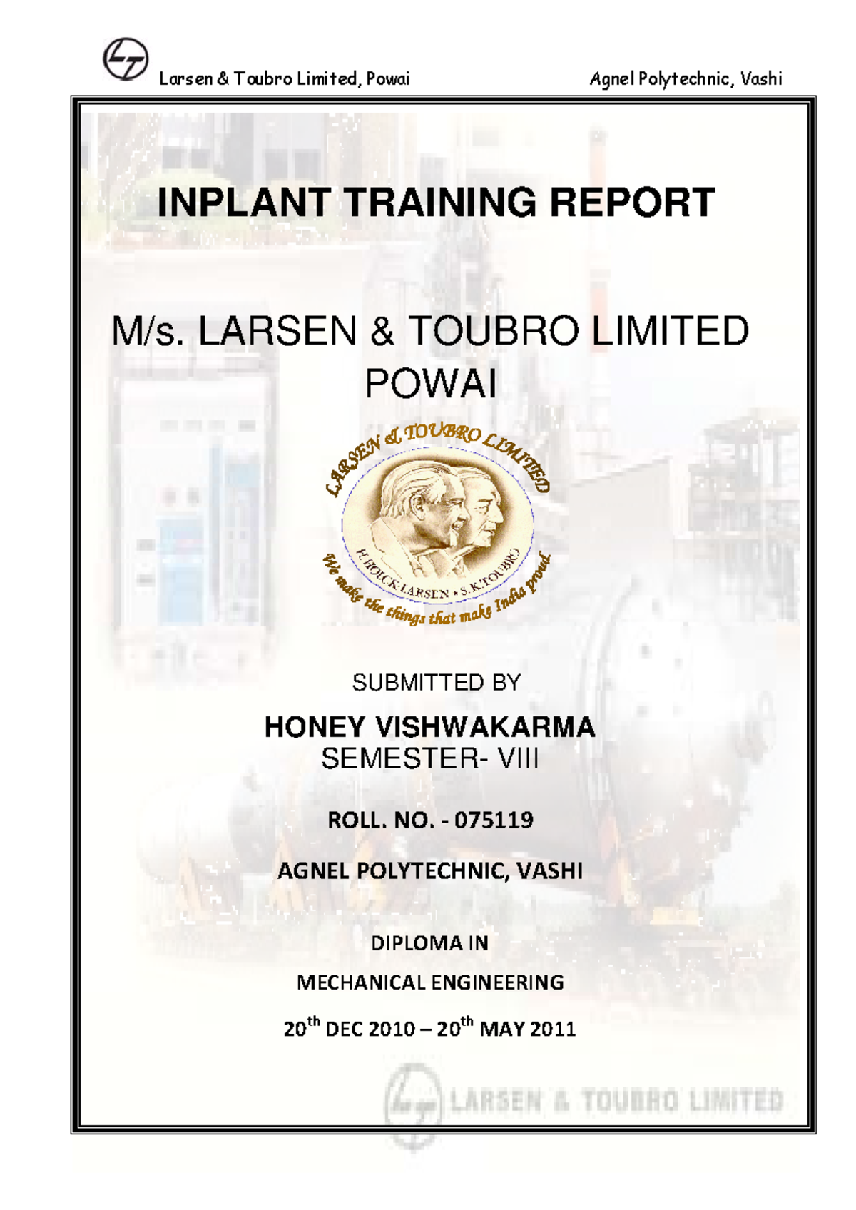 Lt-report 1 - very useful material for reference - INPLANT TRAINING ...