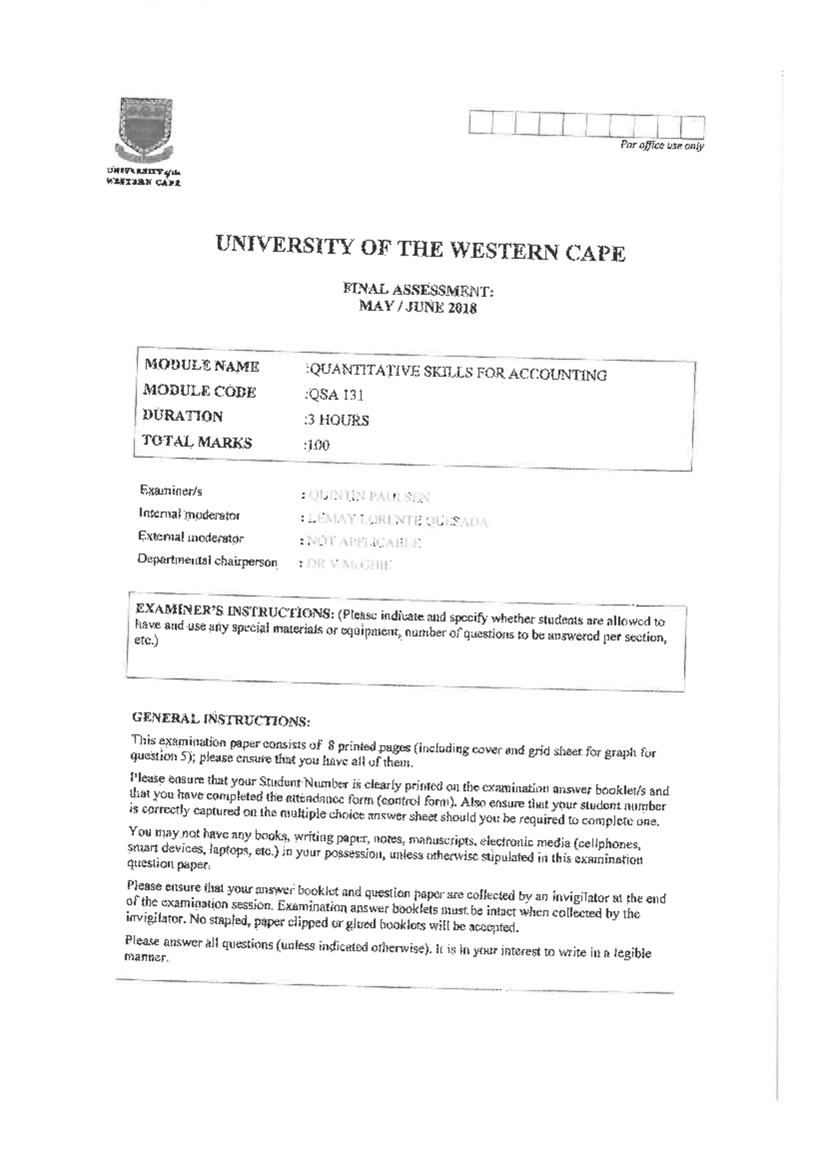QSA131 2018 06 F - EXAM 2018 PAPER - l I. l i i i" F0} (Wire use only ...