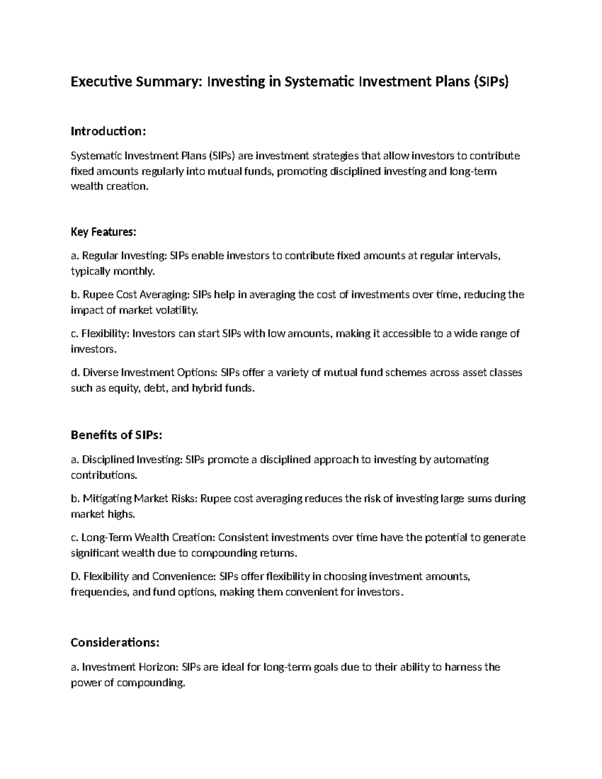 Executive Summary of SIP - Executive Summary: Investing in Systematic ...