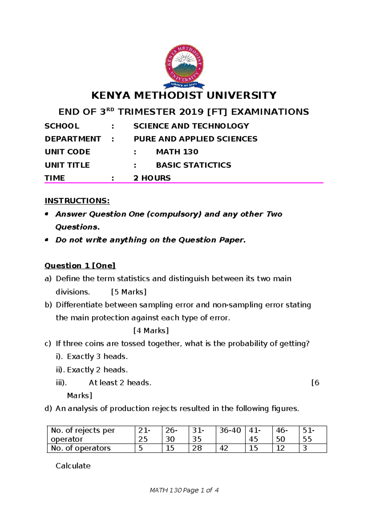 MATH 130 - Basic Statictics - KENYA METHODIST UNIVERSITY END OF 3 RD TRIMESTER 2019 [FT] - Studocu