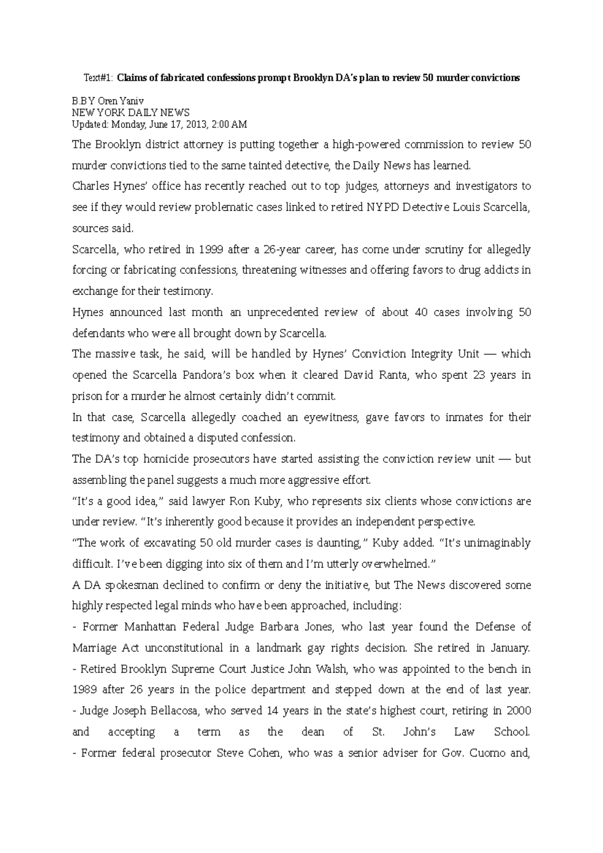 Reading Comprehension text 1 Claims of fabricated confessions prompt ...