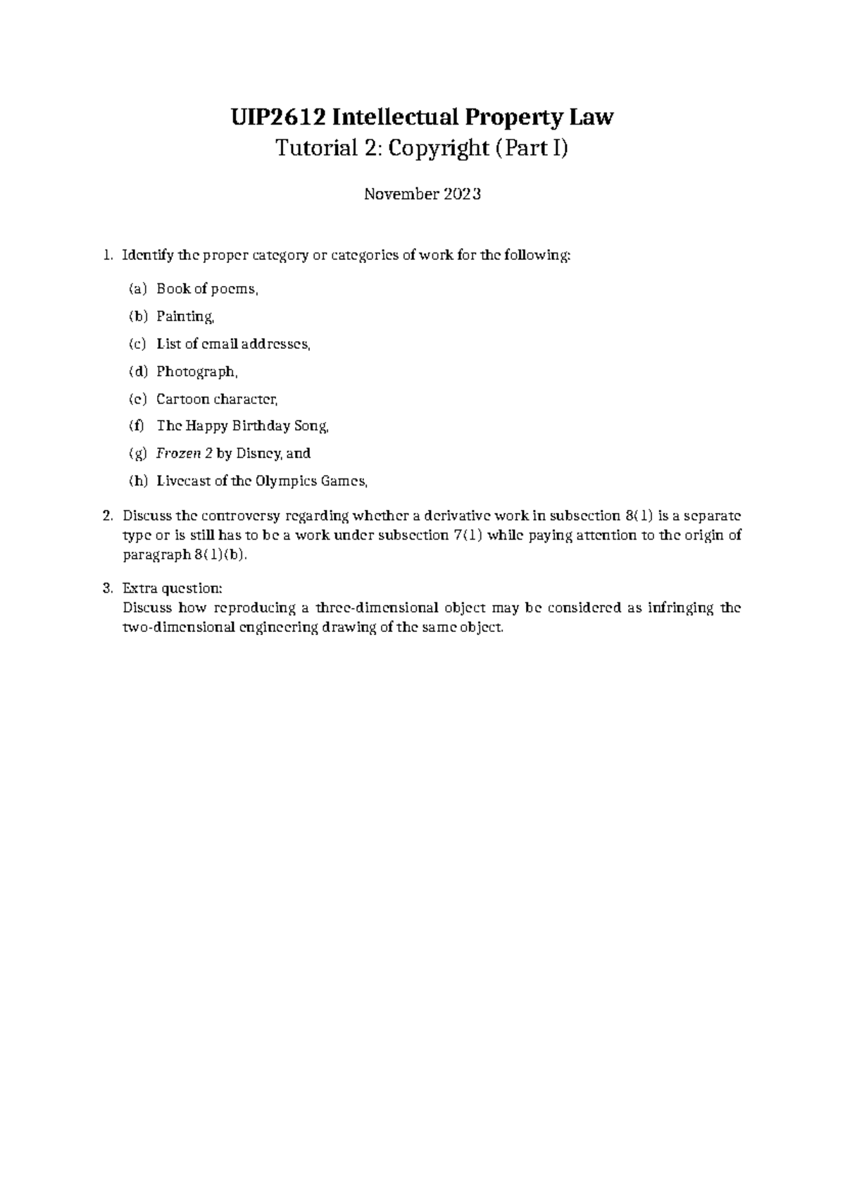 UIP2612 - Tutorial 2 (Copyright I) - Question - UIP2612 Intellectual ...
