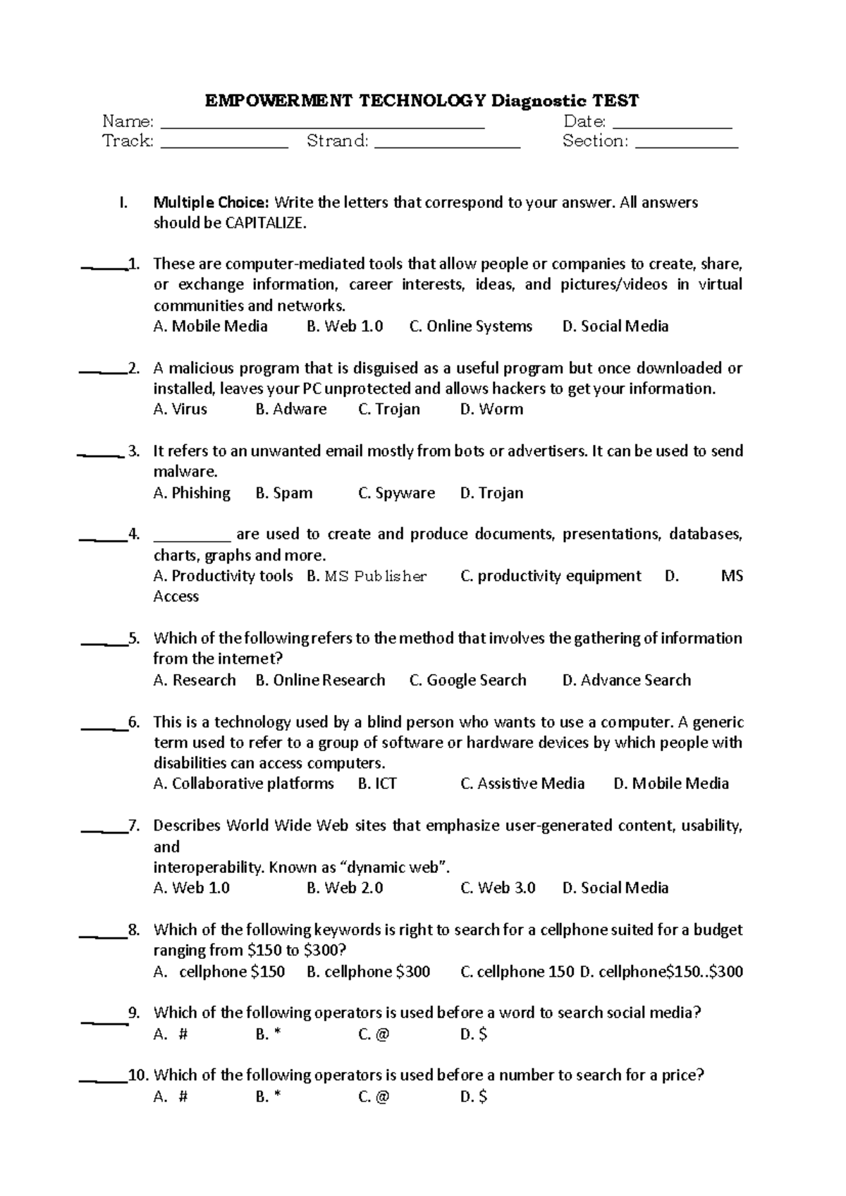 Etech-Diagnostic-test - EMPOWERMENT TECHNOLOGY Diagnostic TEST Name ...