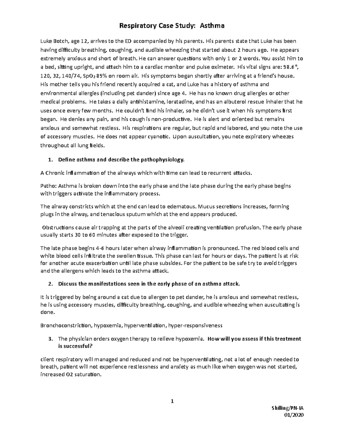 Asthma Case Study - Student - Respiratory Case Study: Asthma Luke Botch ...