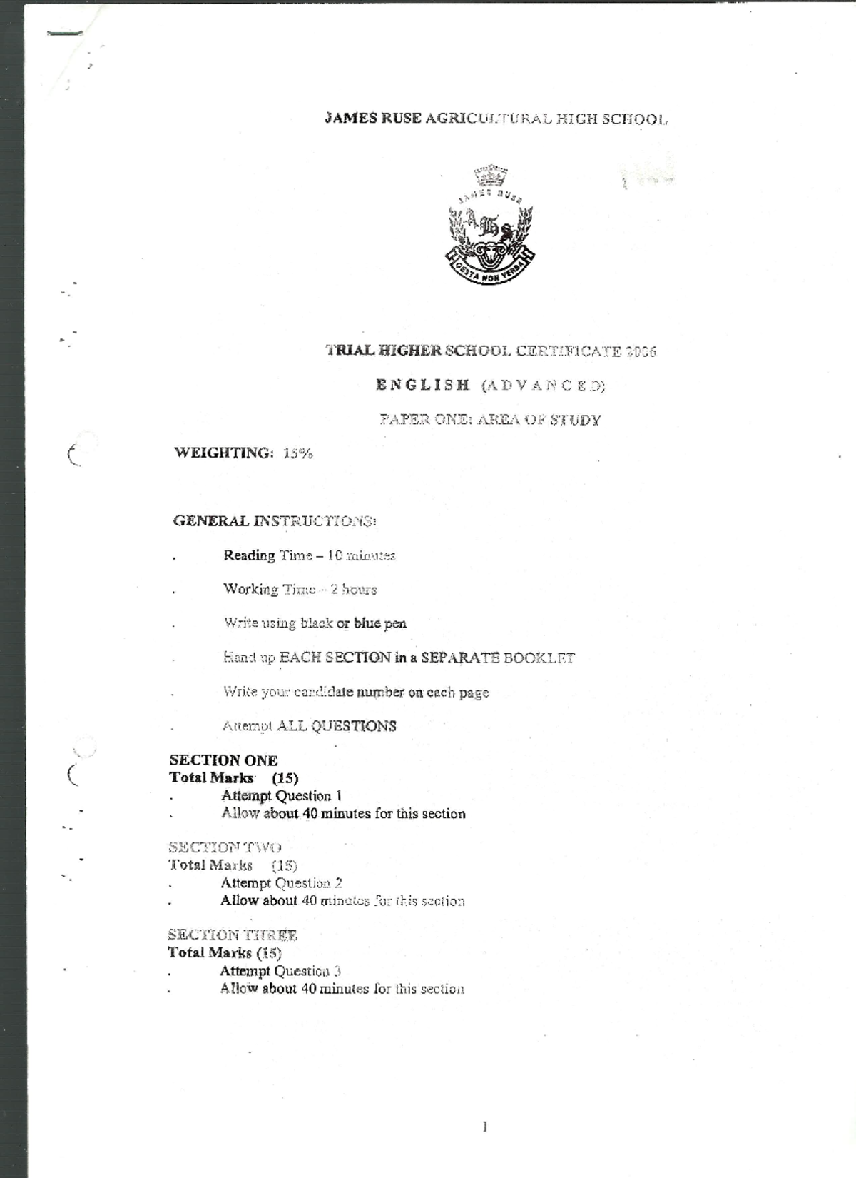 James Ruse Trial 2006 Paper 1 - JAMES RUSE AGRICULTURAL HIGH SCHOOL HW ...