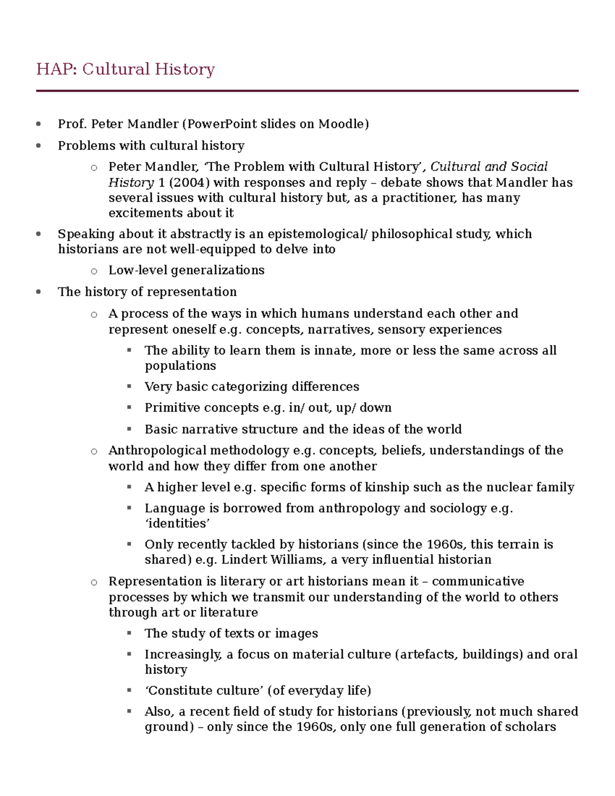 Cultural History - Lecture notes 7 - HAP: Cultural History Prof. Peter ...