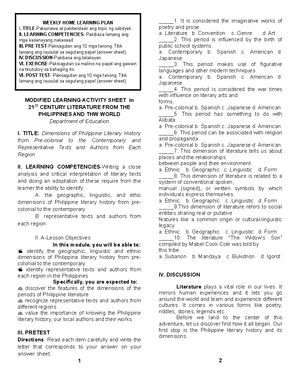 Melcs 21st Century LIT - 411 Grade Level: Grade 11/ Subject: 21 st ...