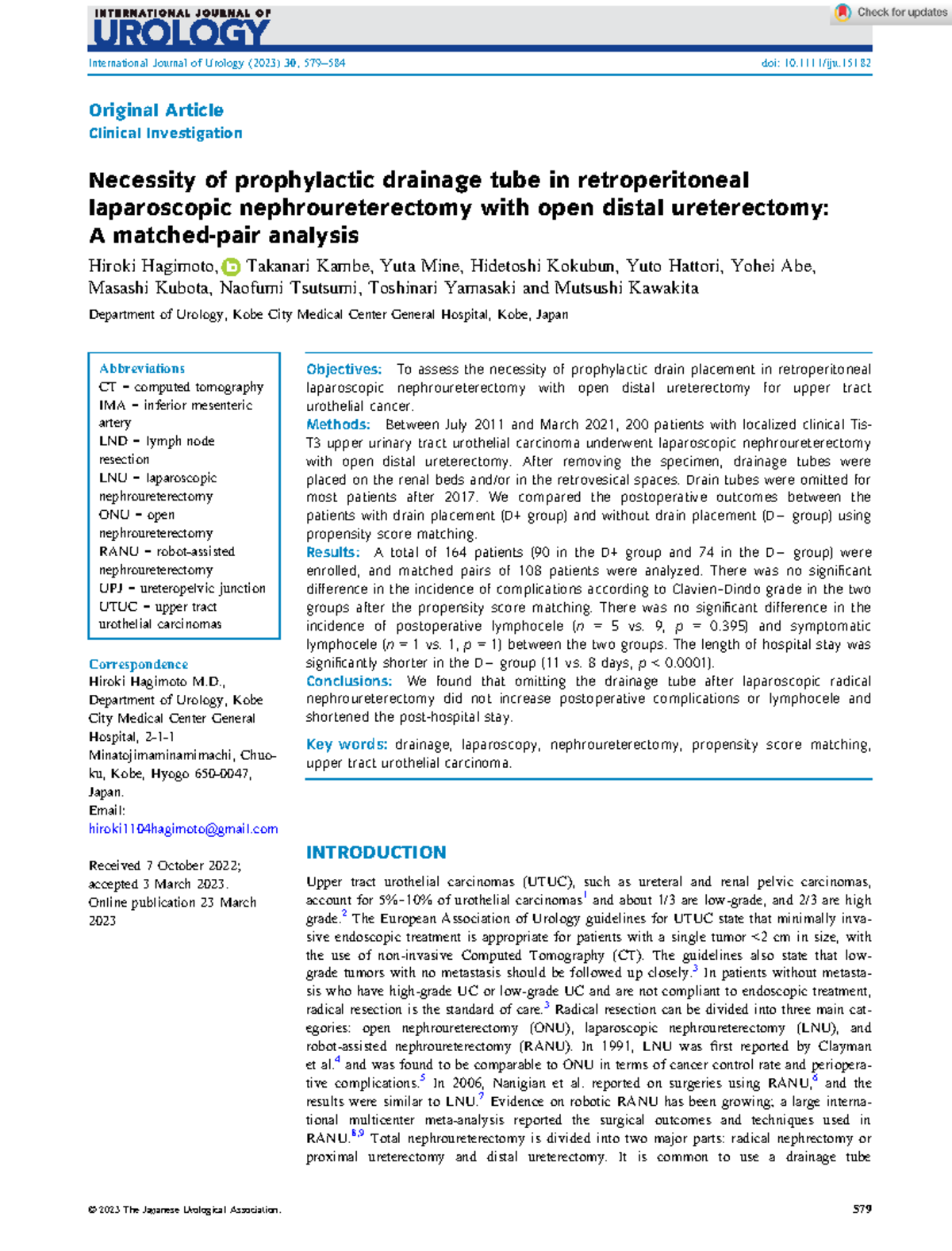 Int J of Urology - 2023 - Hagimoto - Necessity of prophylactic drainage ...